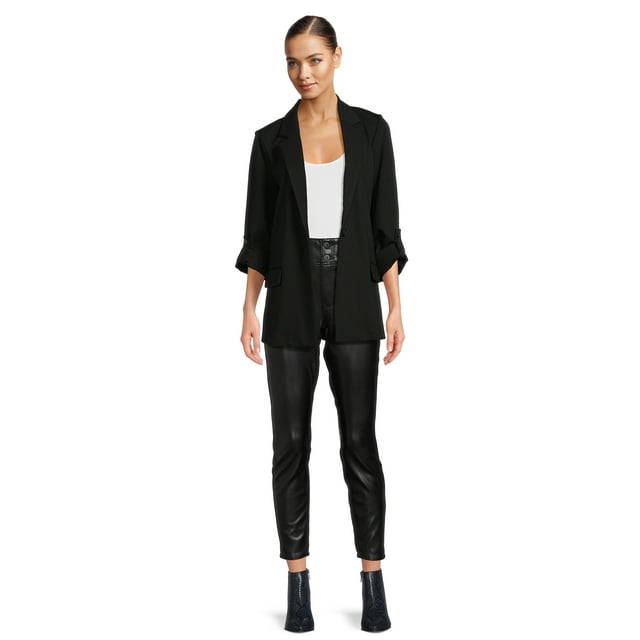 Time & Tru Women's Relaxed Fit Ponte Blazer with Adjustable Sleeves, XS ...