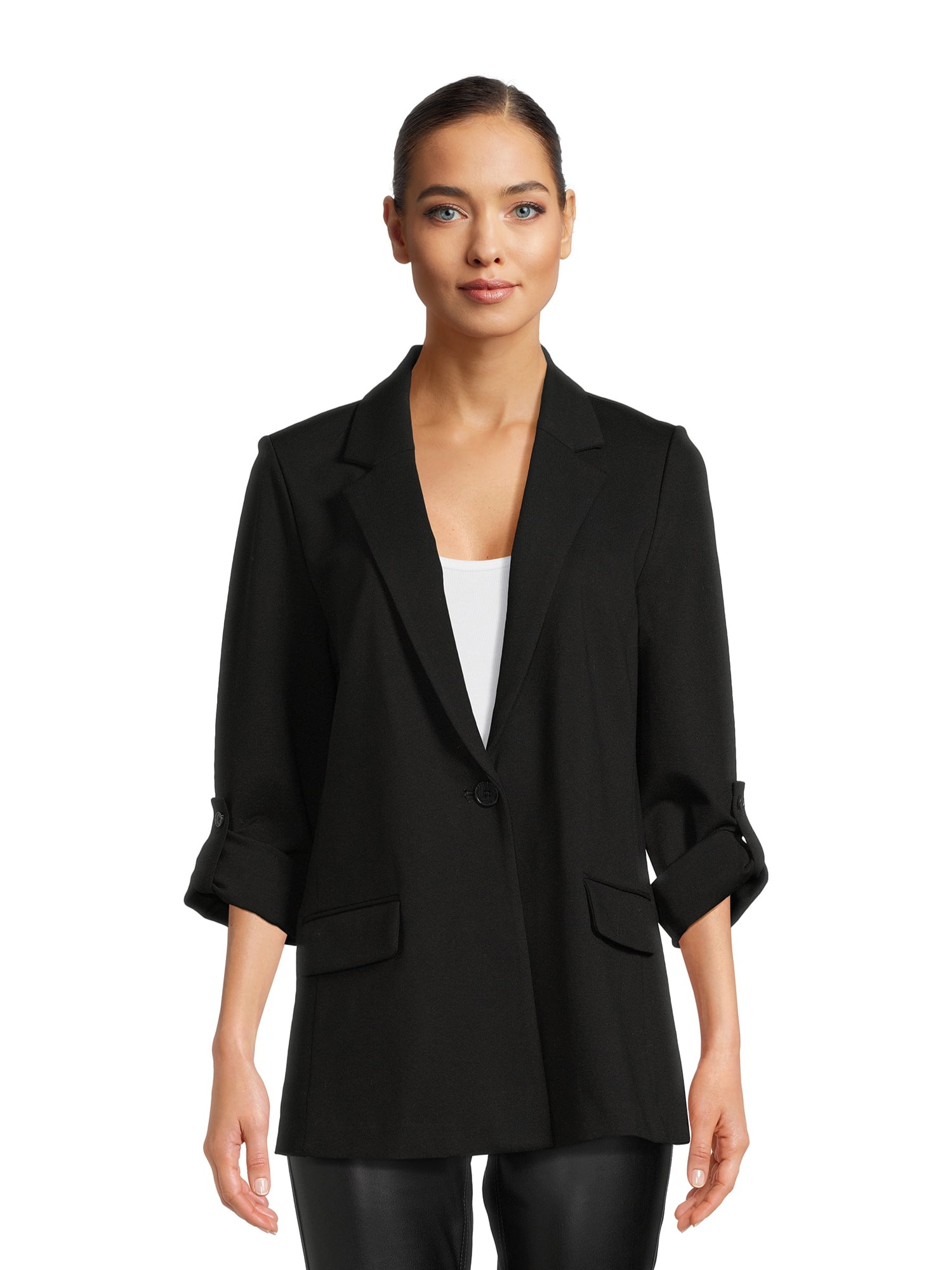 Time and True Women's Relaxed Fit Button Front Ponte Blazer with Adjustable Sleeves, Sizes XS ...