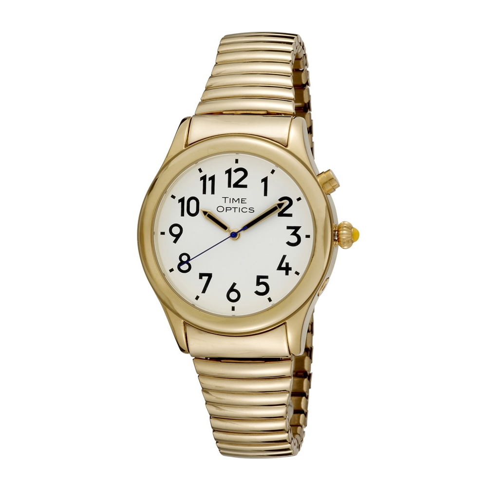 TimeOptics Men's Talking Gold-Tone Day Date Alarm Expansion Bracelet ...