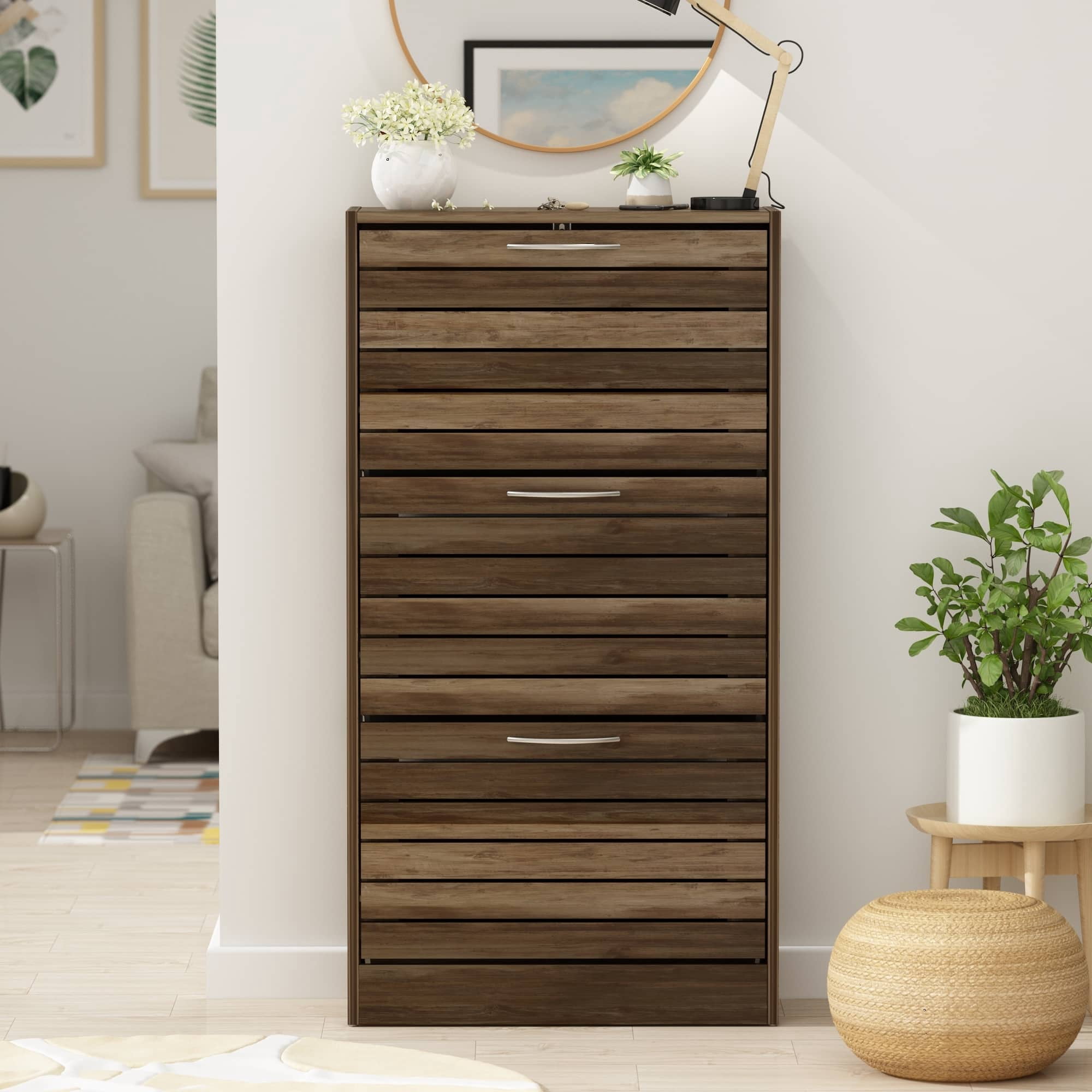 Timechee 12-15 Pair Shoe Storage Cabinet Space Saving Oak Dresser Chest ...