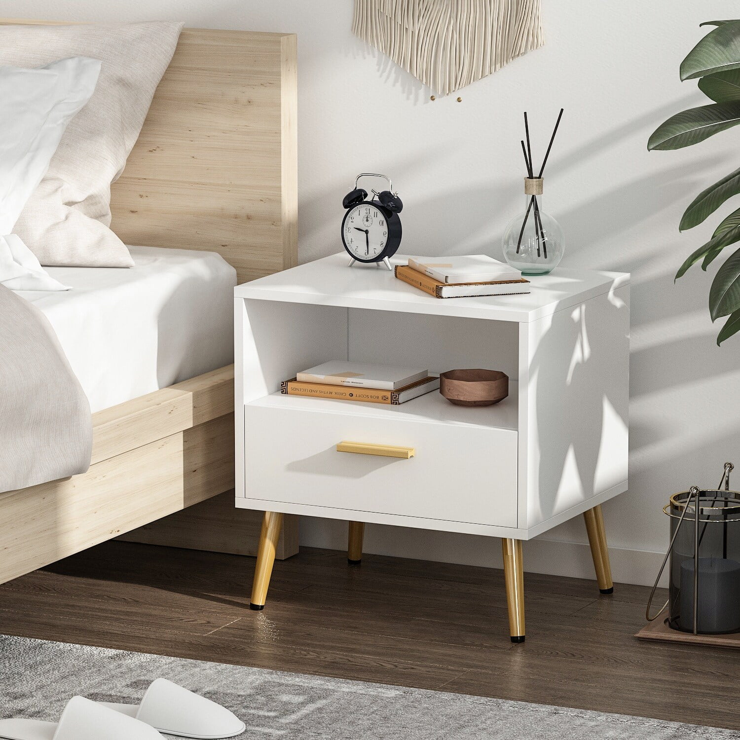 Timechee 20'' Tall 1 - Drawer Metal Legs Nightstand(One Piece) White ...