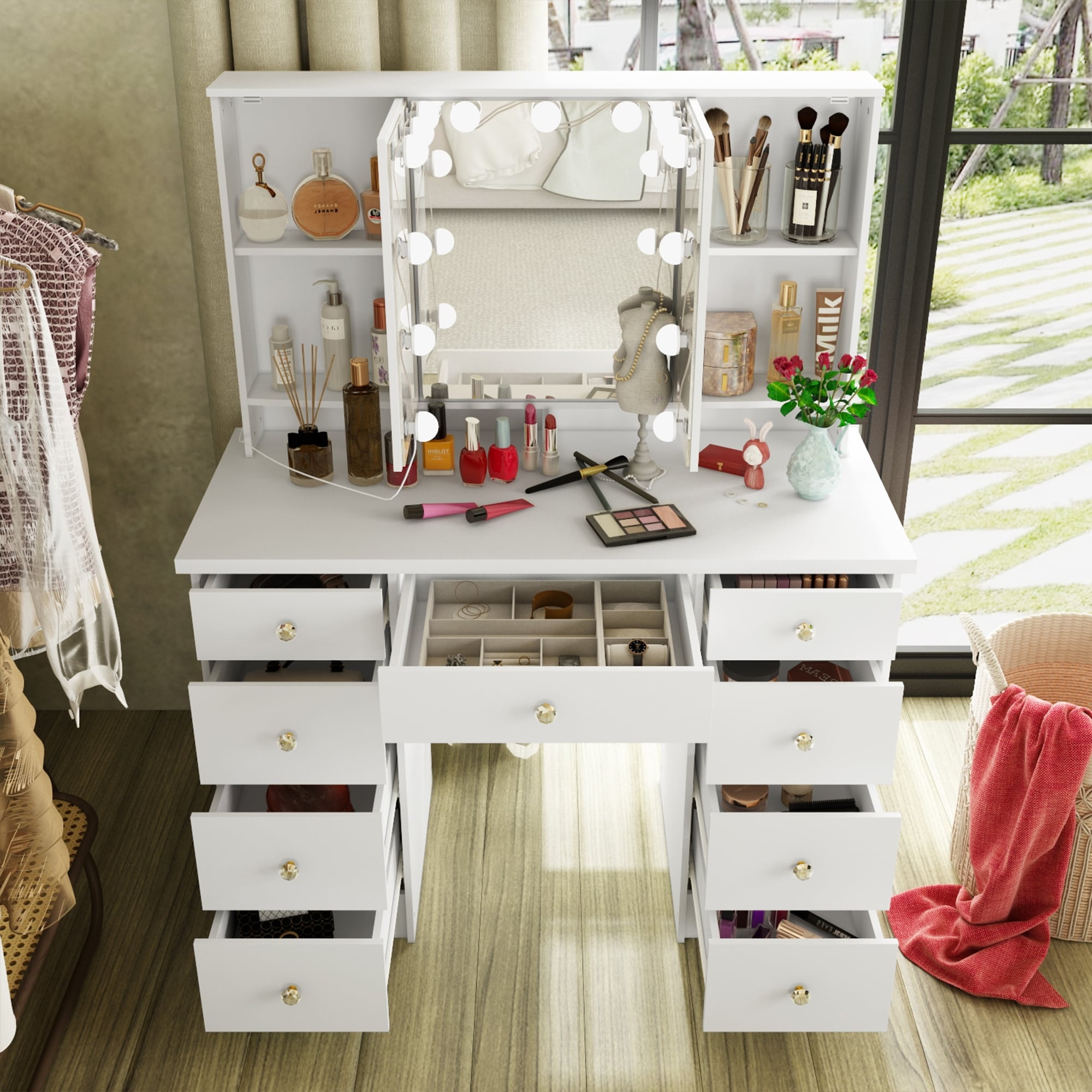 Timechee 3-Mirror Vanity Table Stylish 9-Drawer Makeup Organizer ...