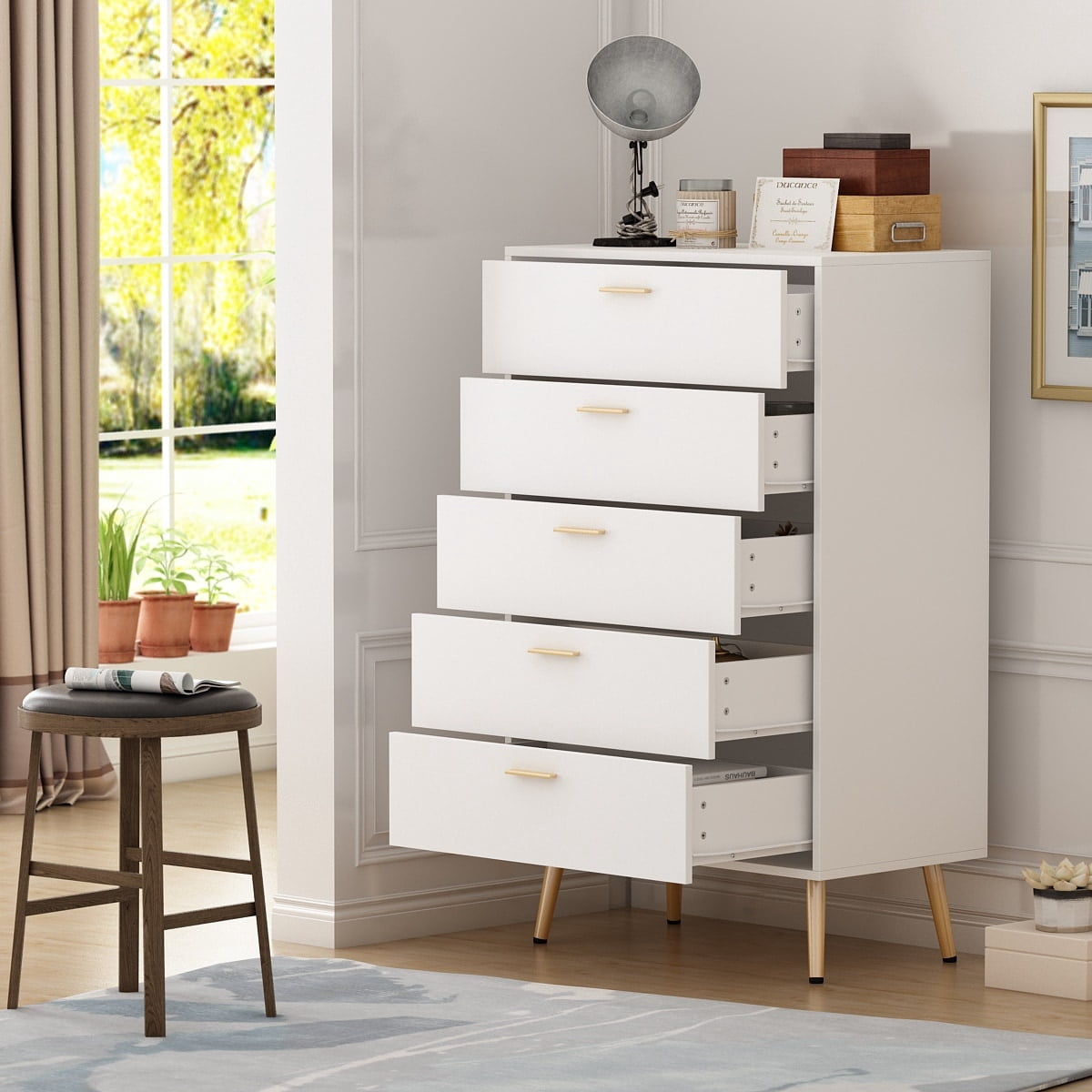 Timechee 5 Drawer 27.4" W Chest and Dresser, Metal Legs, White, Anti ...