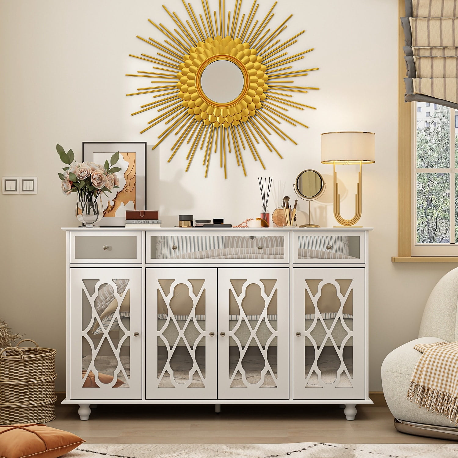Timechee 55.1" Accent Storage Cabinet Mirror Sideboard Buffet Cabinet ...