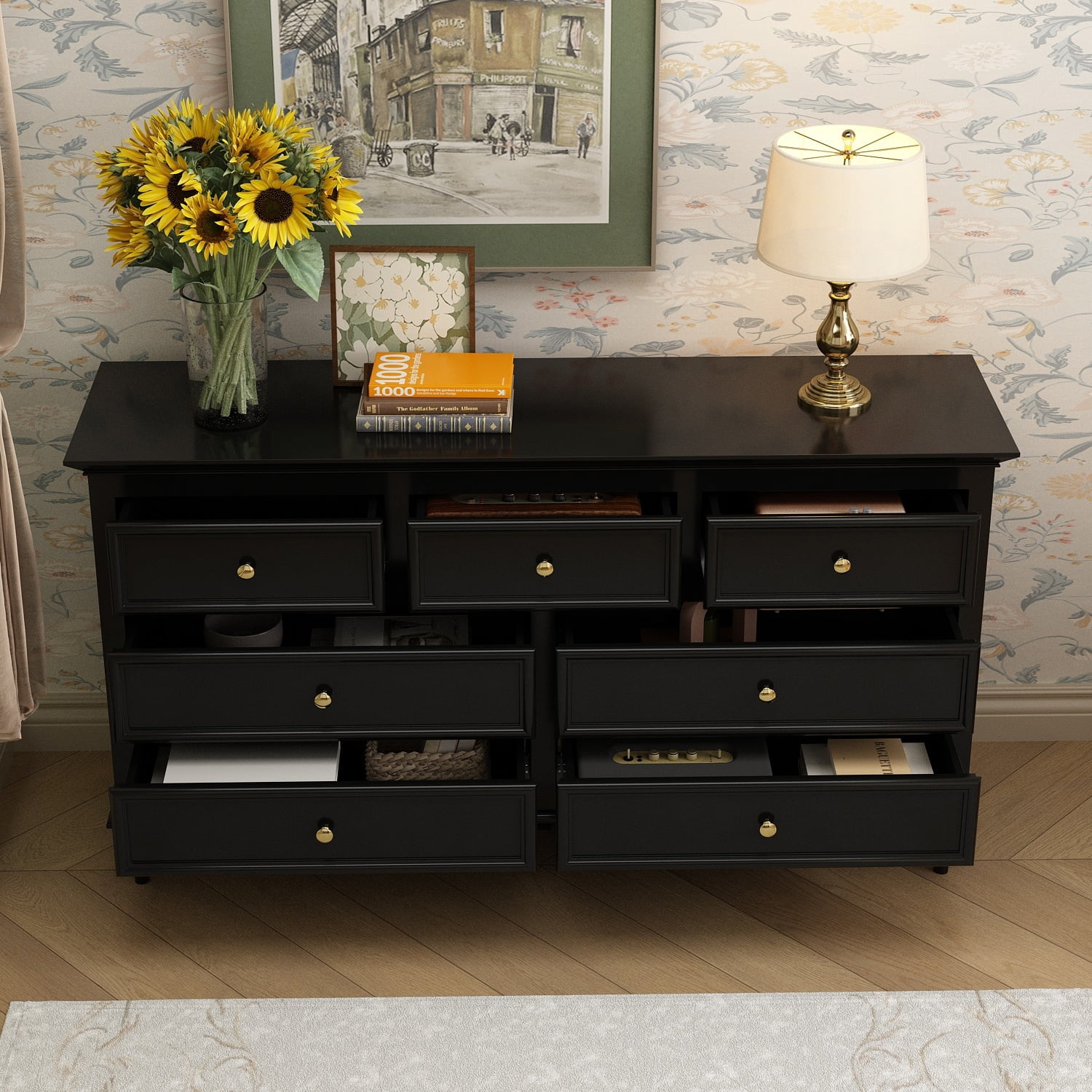 Timechee 55.2" 7 Drawer Dresser Chest Cabinet Storage Lacquered Wood ...