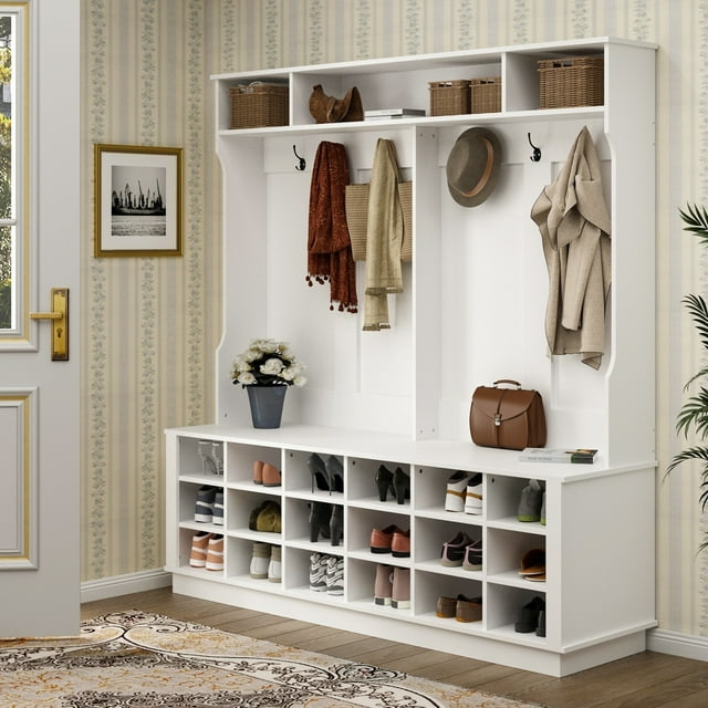 Timechee 63"W 18 Shoe Cubbies Wide Hall Tree With Hooks - Walmart ...