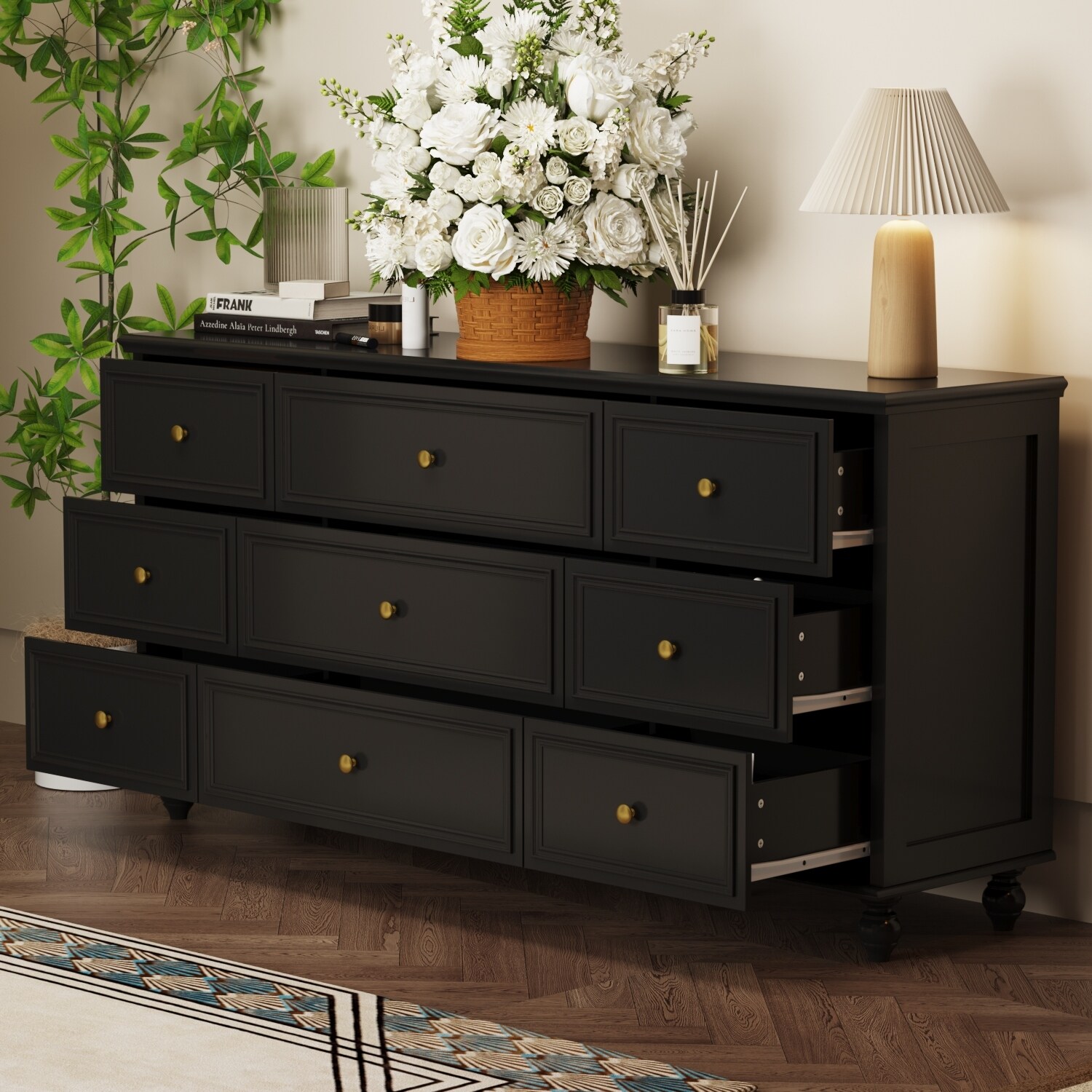 Timechee 63'' W Dresser White Chest Srorage Cabinet Lacquer Drawers ...