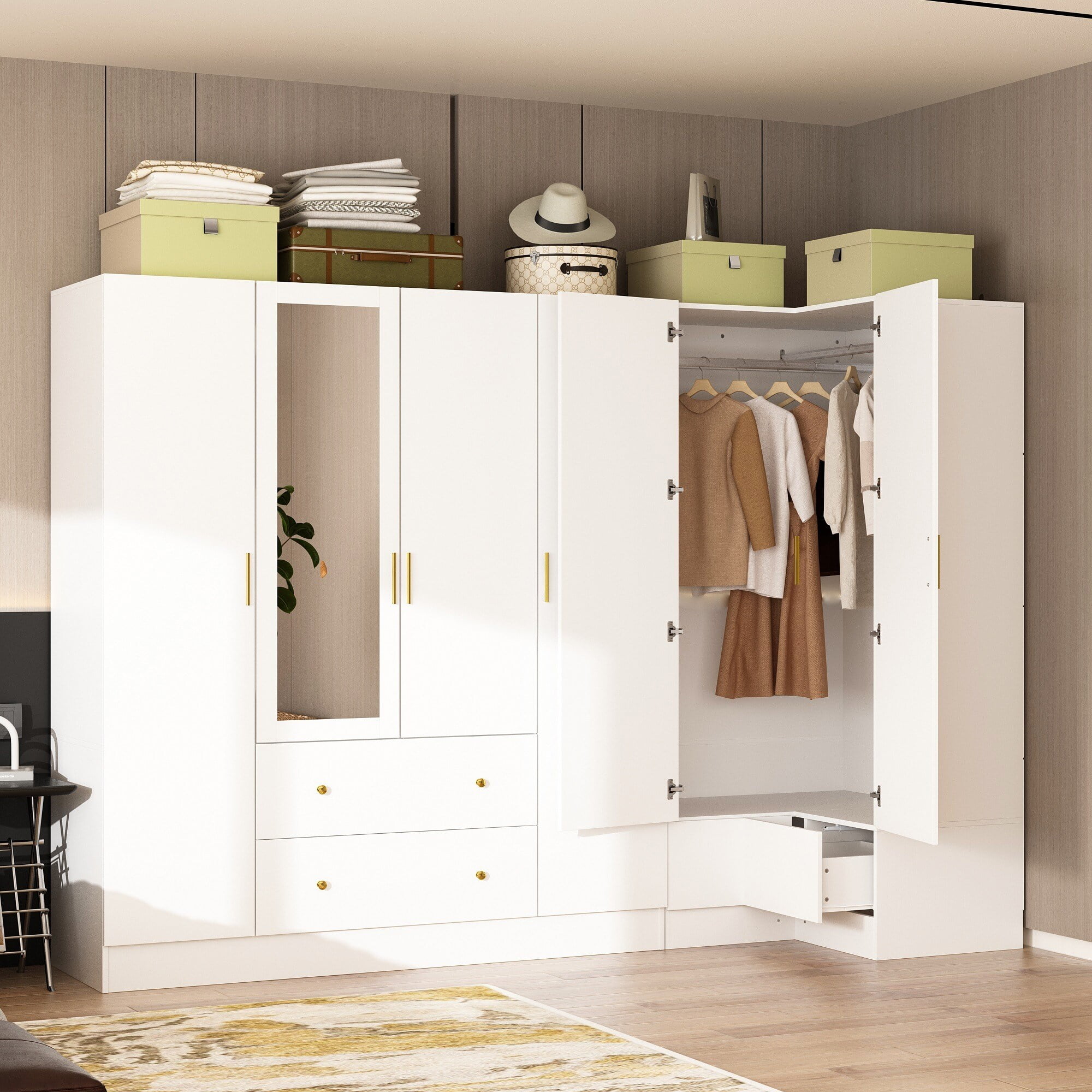Timechee 63"W Family Wardrobe/Armoire/Closet by with Mirror Doors ...