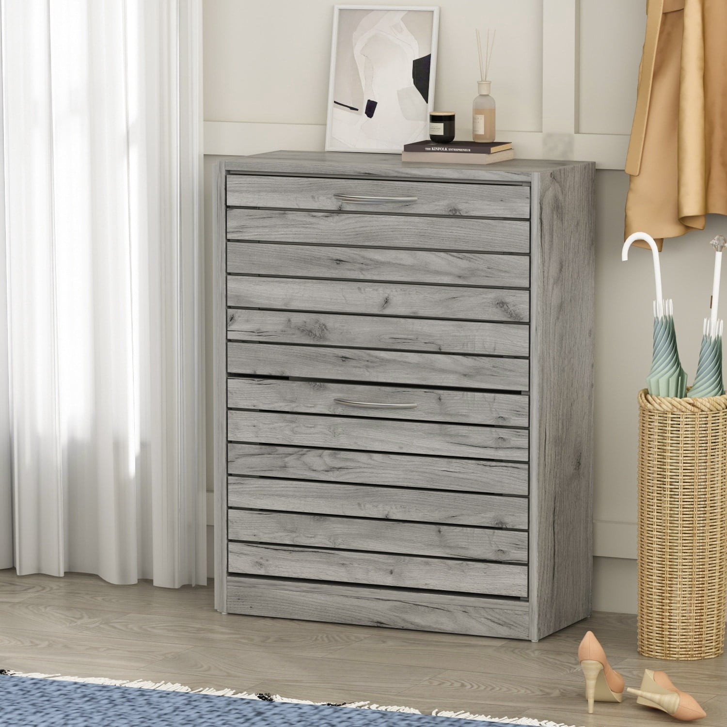 Timechee 8 Pair Shoe Storage Cabinet with 2 Drawers, Grey Louver Door ...