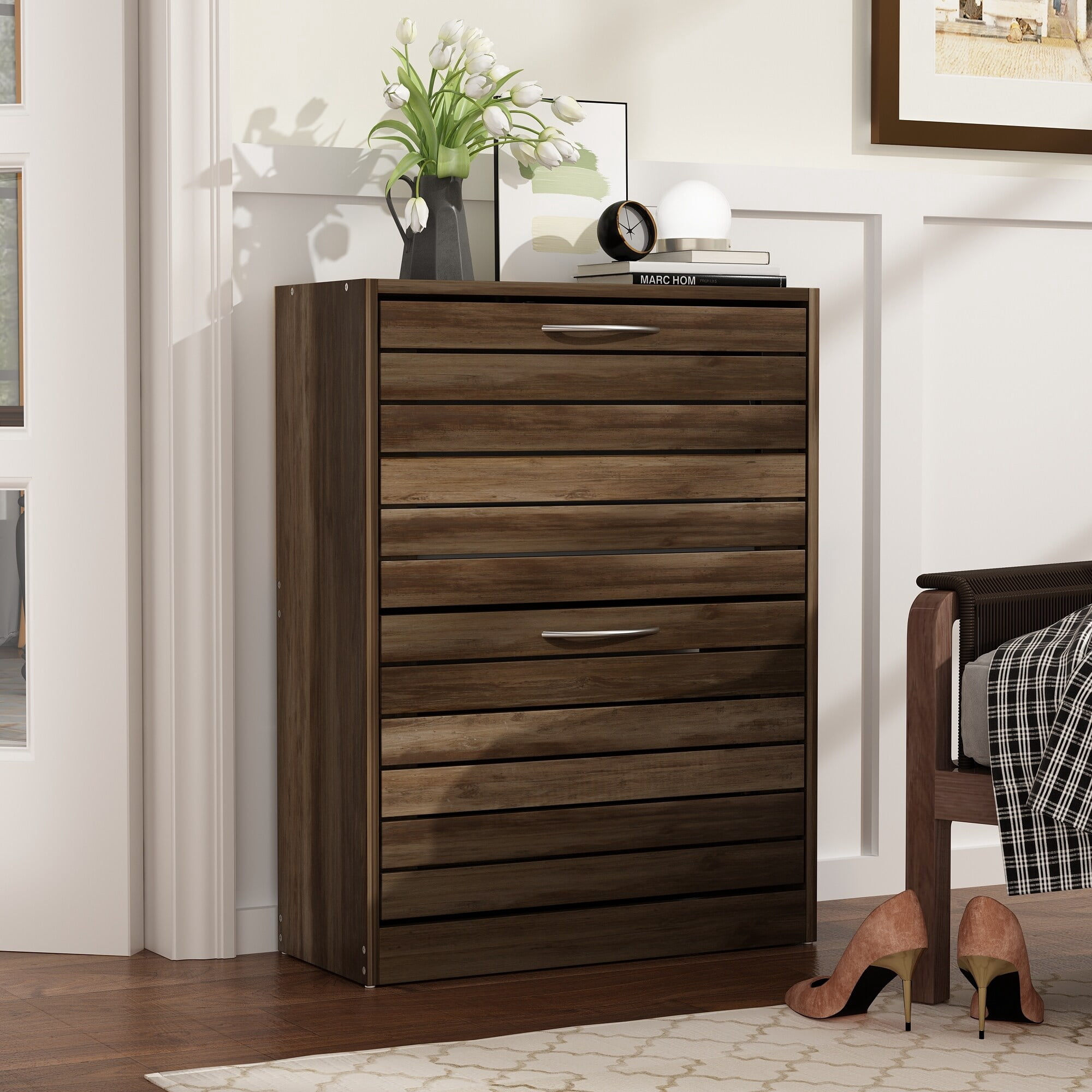 Timechee 8 Pair Shoe Storage Cabinet with 2 Drawers, Wood Louver Door ...