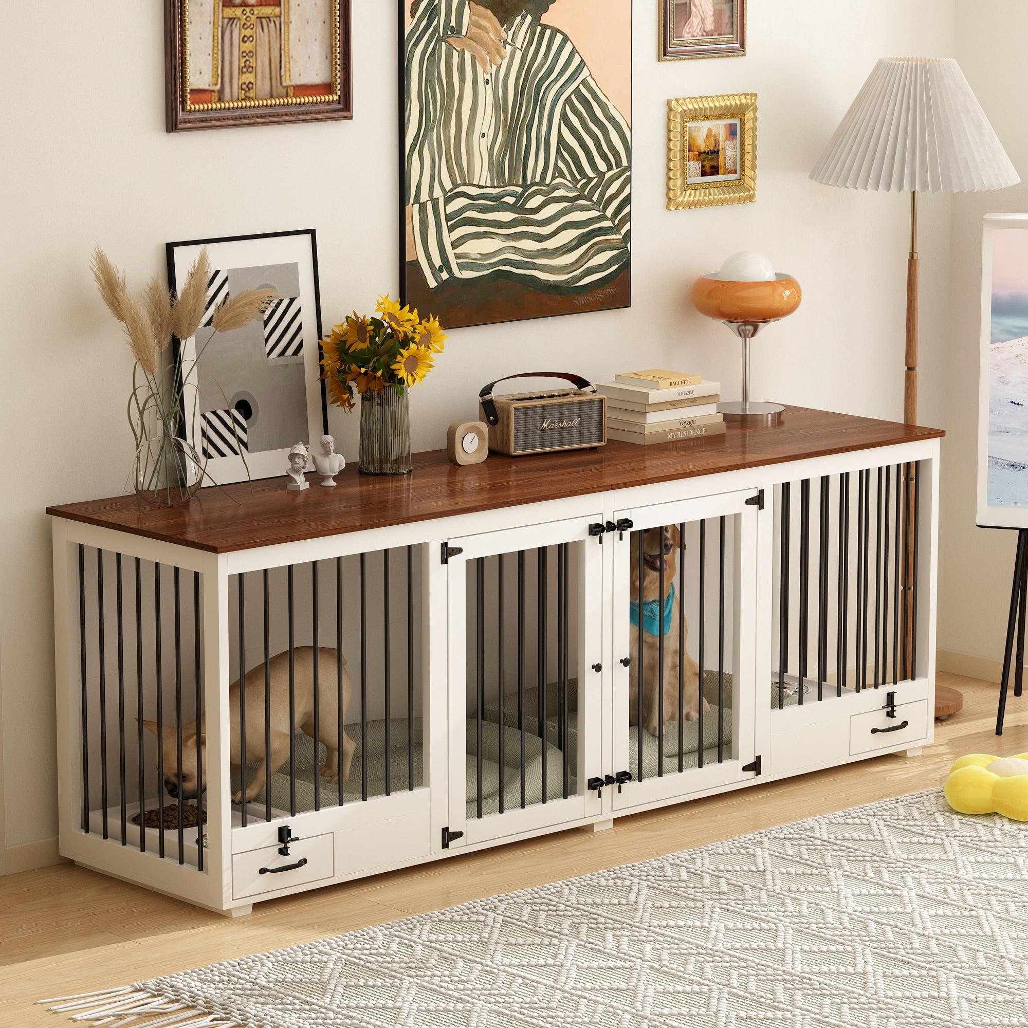 Timechee 86.6"Modern White and Walnut Dog Crate Furniture Versatile and ...