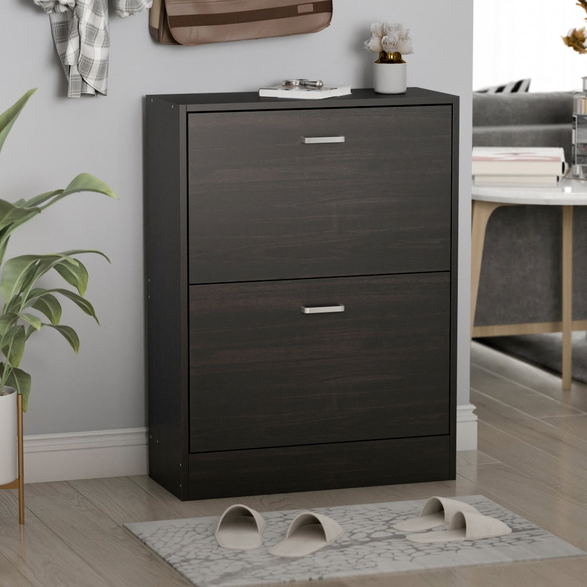 Timechee Black 2-Drawer Shoe Cabinet with 4-Tier Rack (Up to 12 Pairs ...