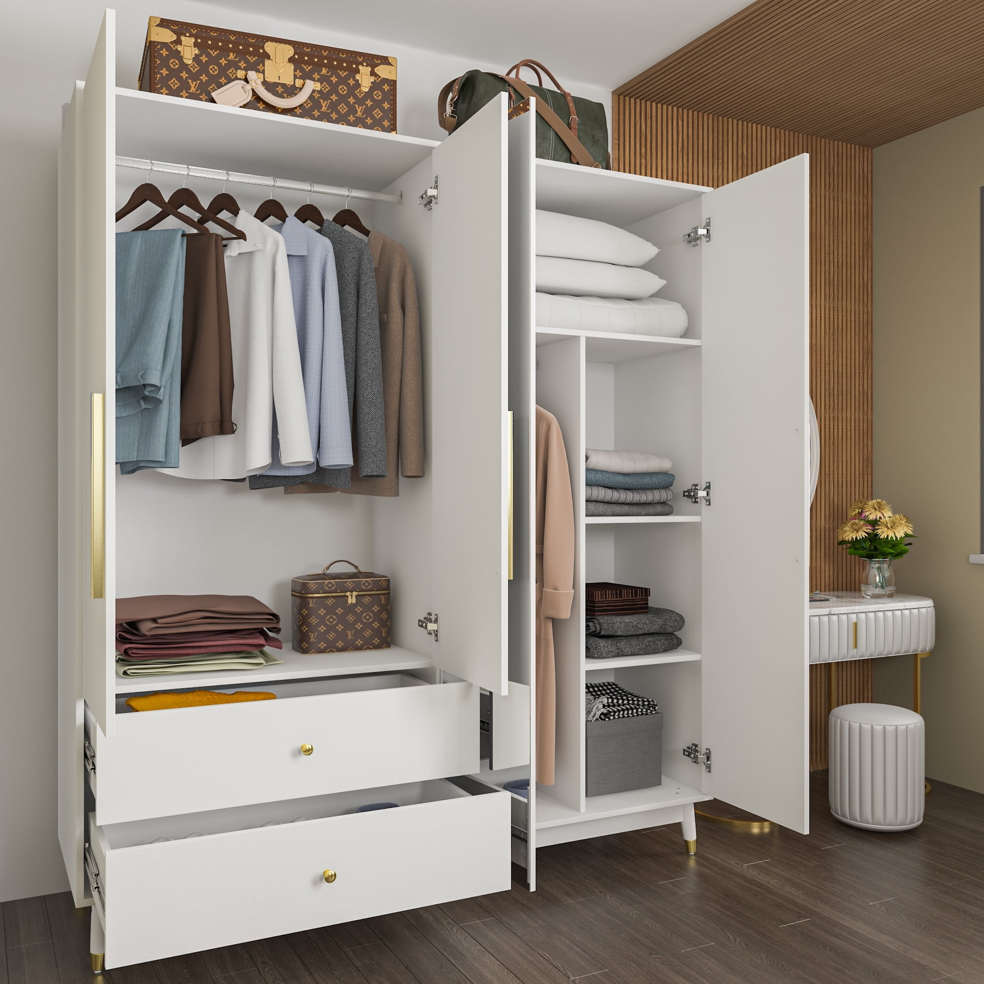 Timechee Closet Cabinet 4-Door Wood Bedroom Armoire With Mirror in ...