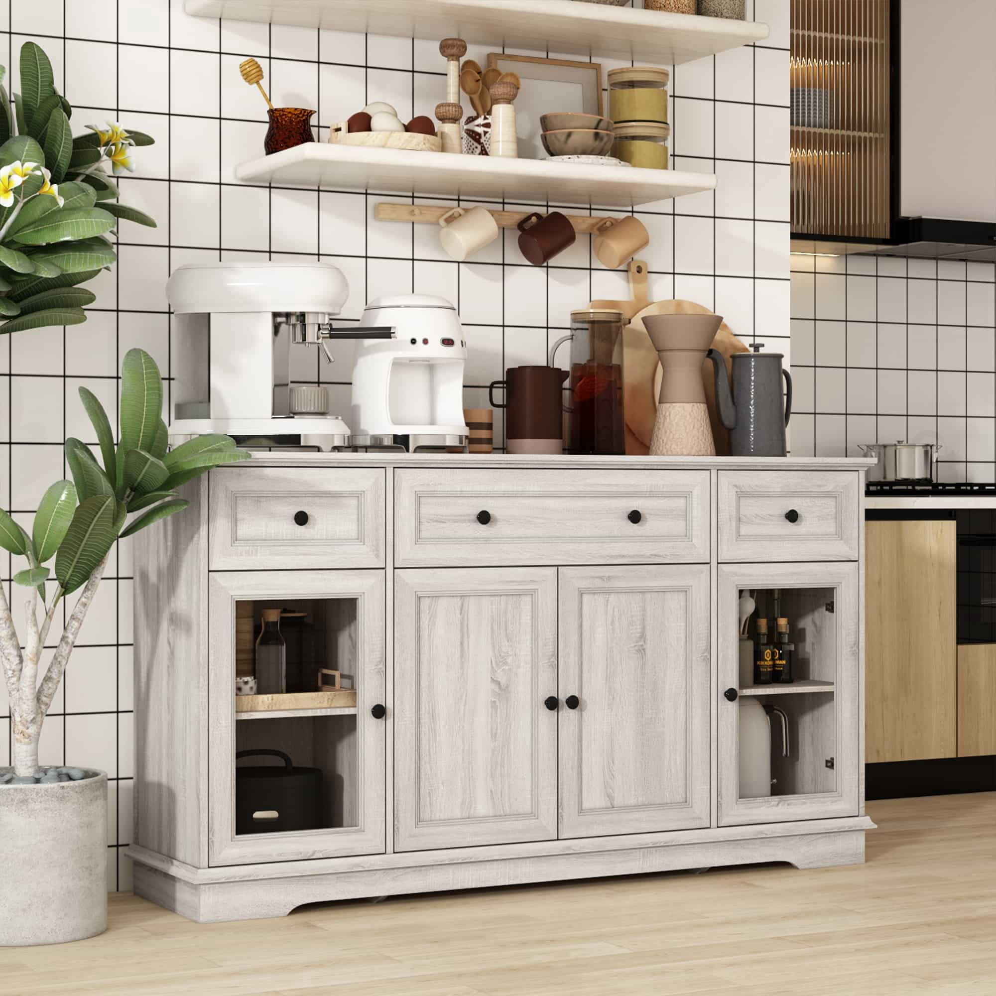 Timechee Elegant Wood-Grain Buffet Cabinet with Adjustable Shelves ...