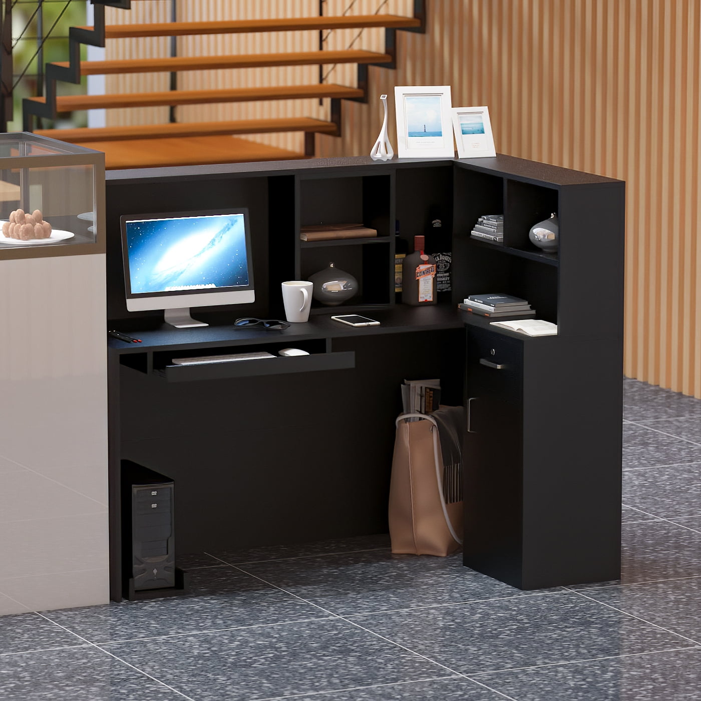 Timechee L-Shape Wood Reception Desk with , Register Stand Reception ...