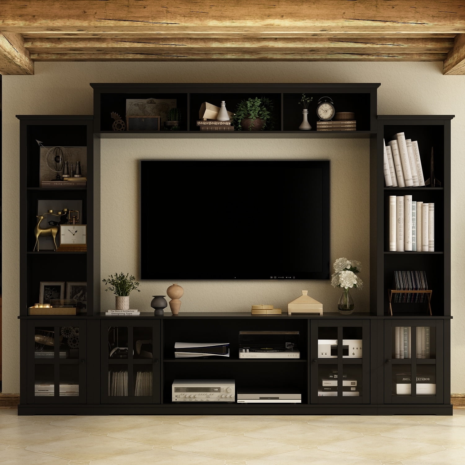 Timechee Large Modern Wood Entrainment Centers in White TV Stand Wall ...