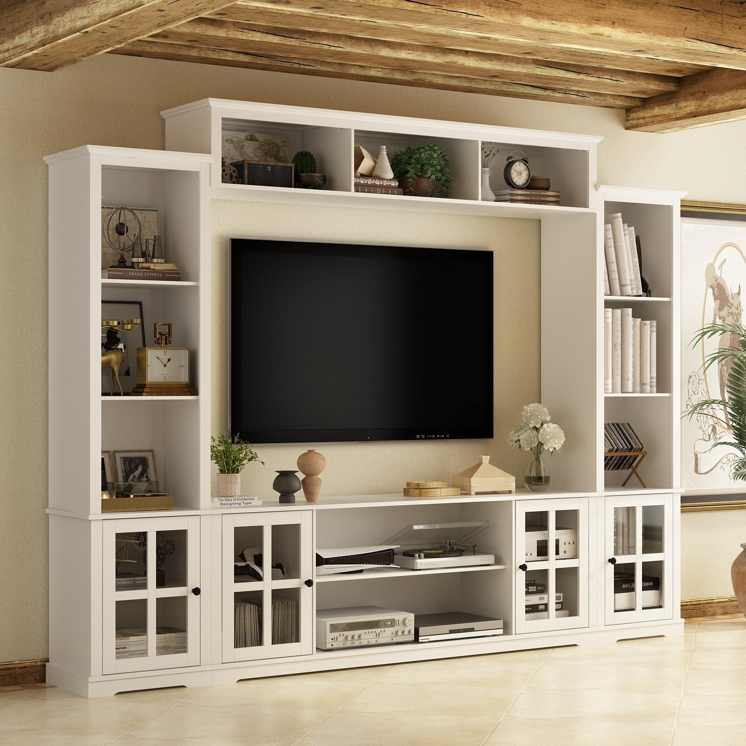 Timechee Large Modern Wood Entrainment Centers in White TV Stand Wall ...