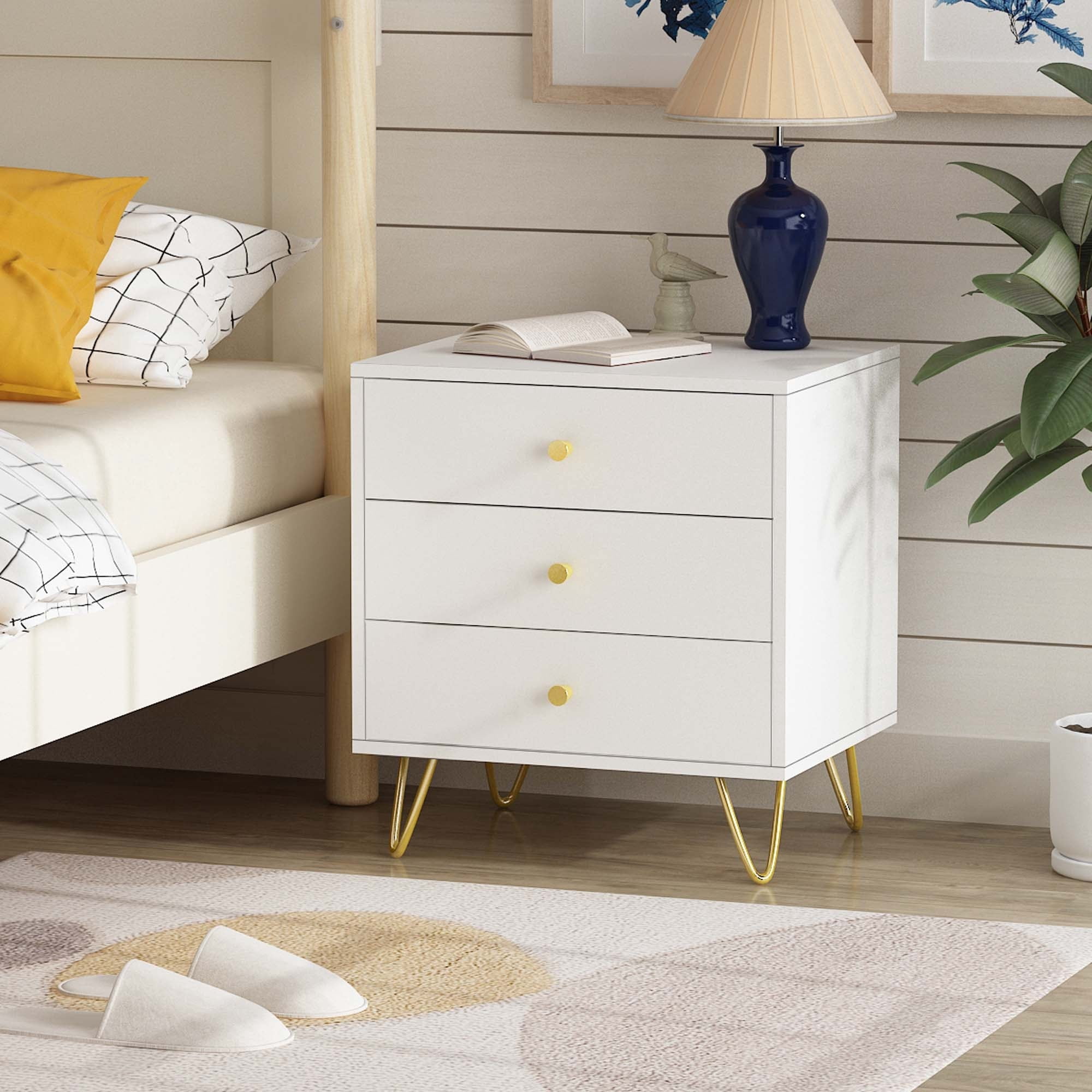 Timechee Light Luxury Style Nightstand,19.6"W,Golden Metal Steel, Three ...