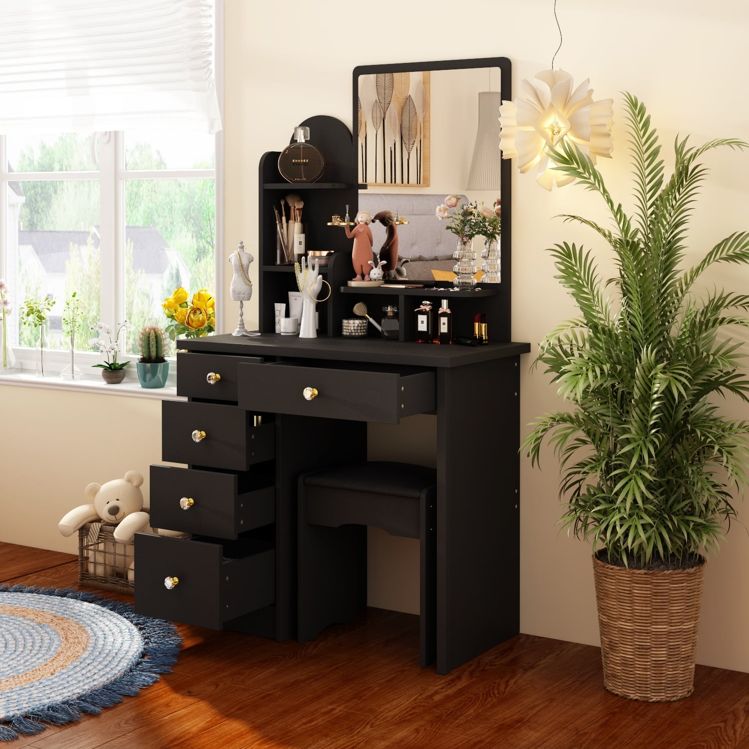 Timechee Makeup Vanity Set with Mirror and Stool, Drawer & Shelf ...