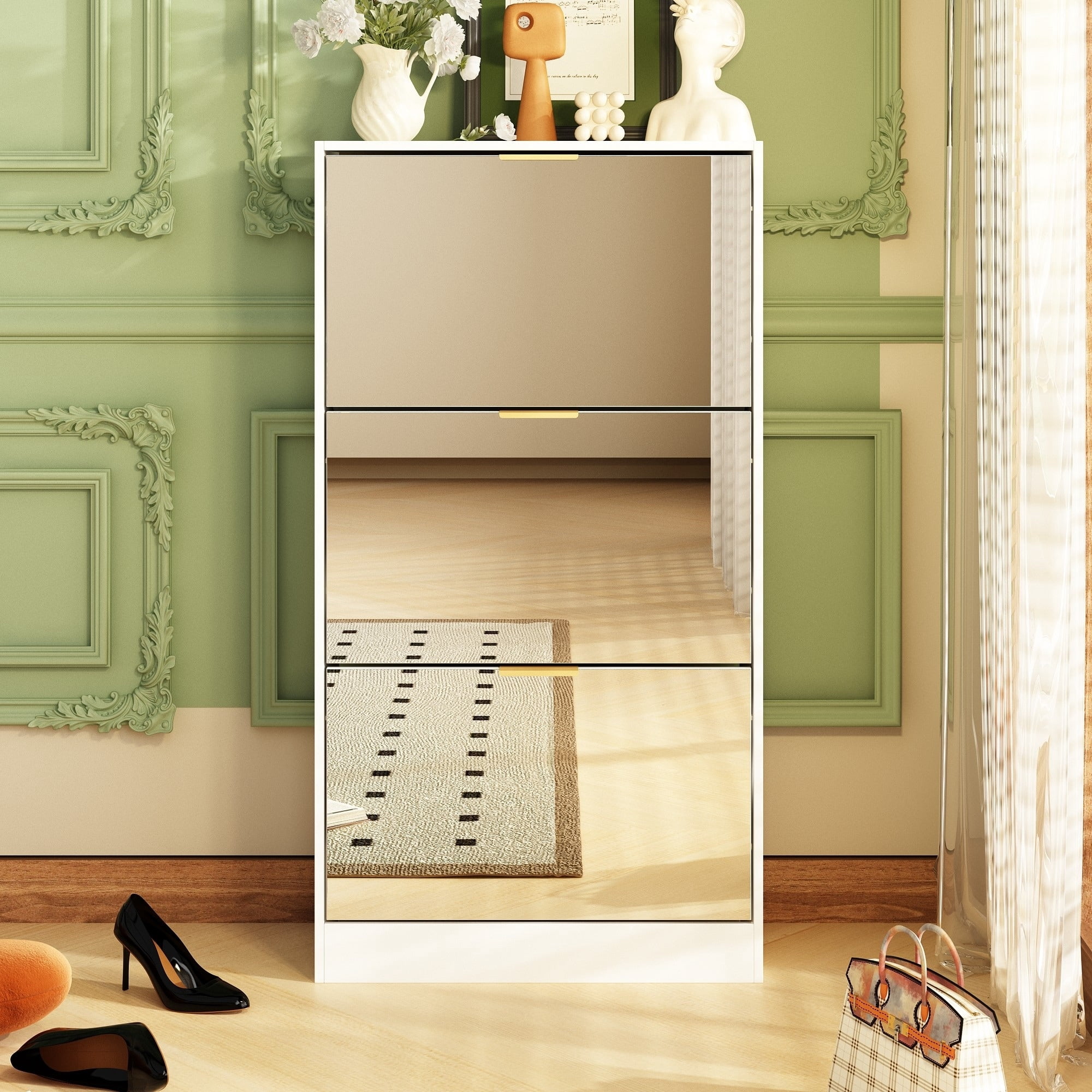 Timechee Mirrored Flip Drawer Shoe Cabinet Storage Cabinet Organizer ...