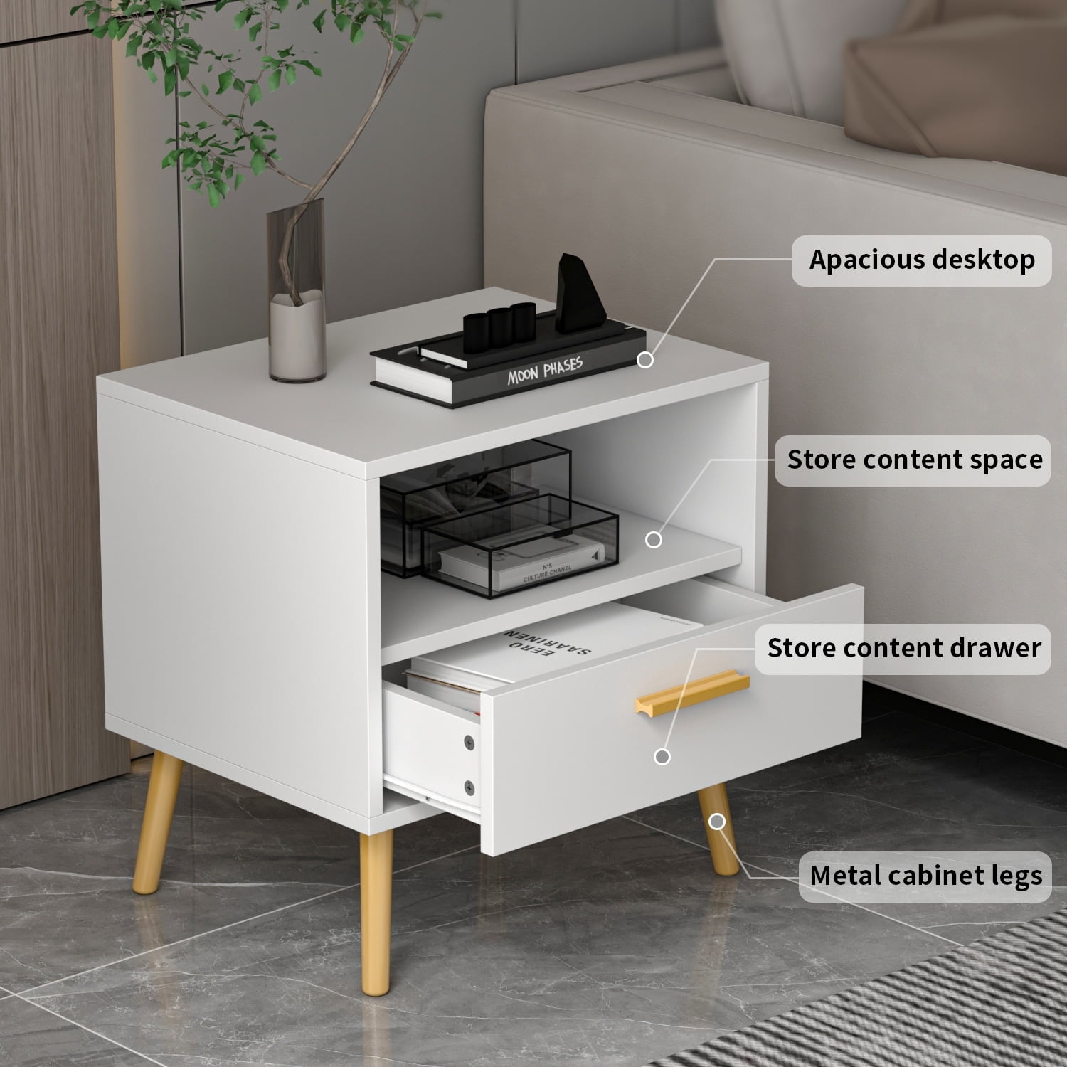 Timechee Modern 1-Drawer White Bedside Nightstand with Open Shelf ...