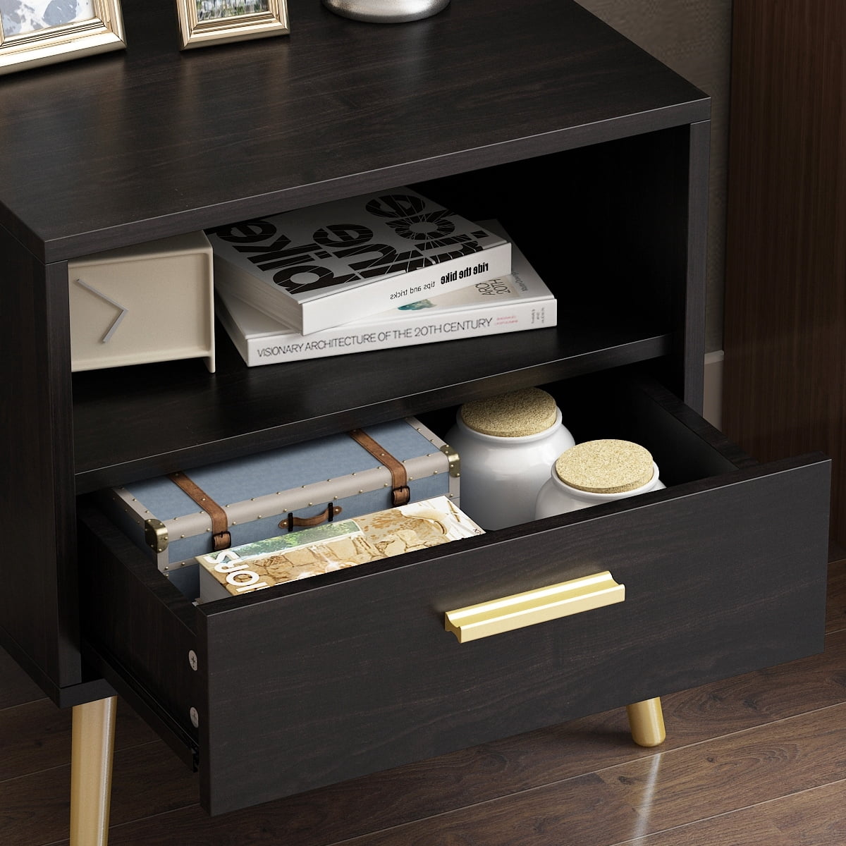 Timechee Nightstand Bedside Table 1-Drawer w/ Open Shelf Metal Legs ...