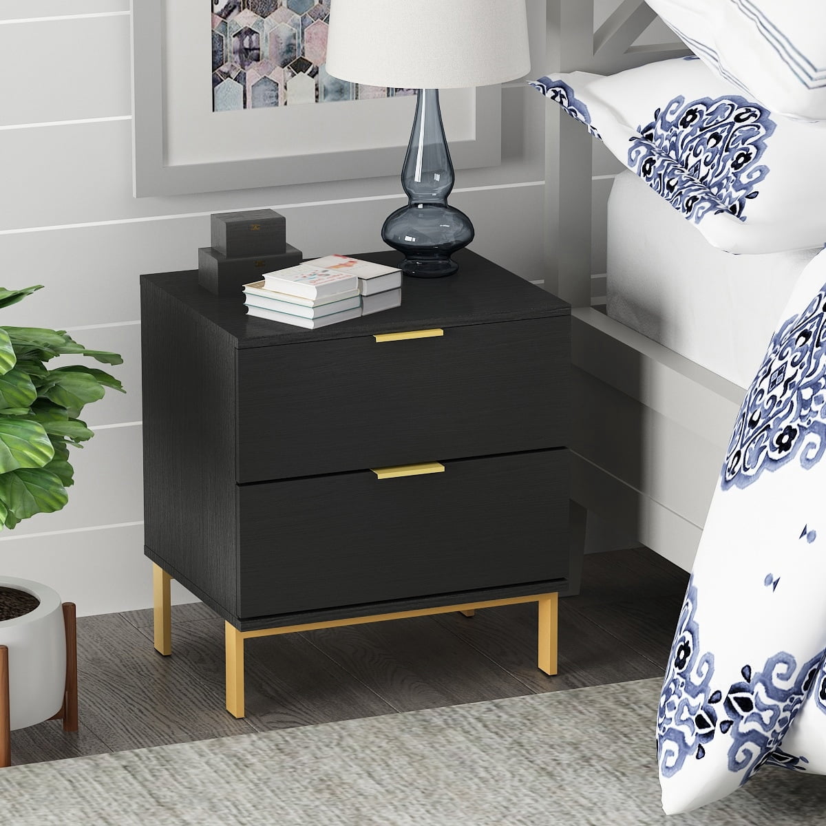 Timechee Nightstand Bedside Table 2-Drawer with Metal Legs, Black ...