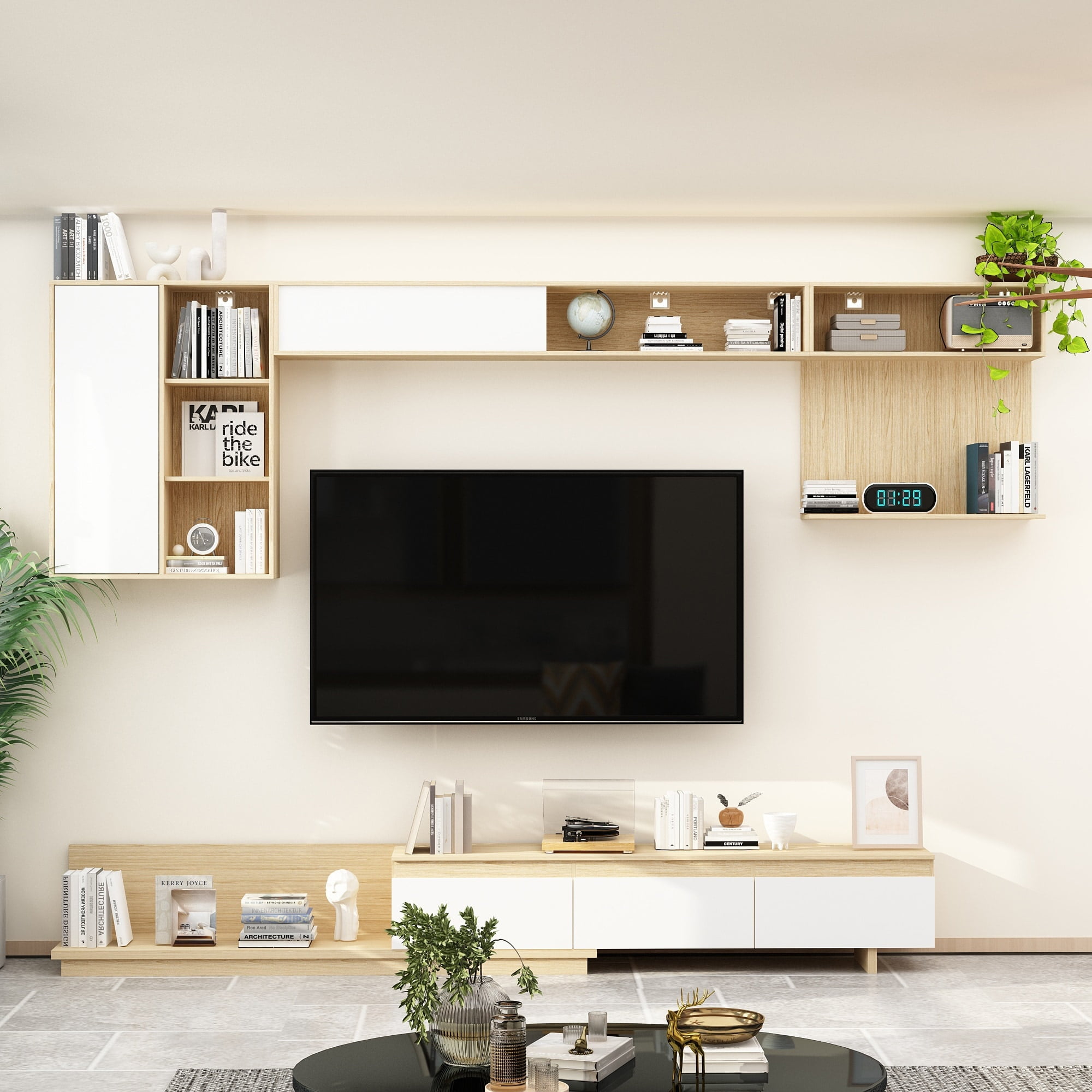 Timechee Oak White Media Unit Sleek Sliding TV Stand with Concealed ...