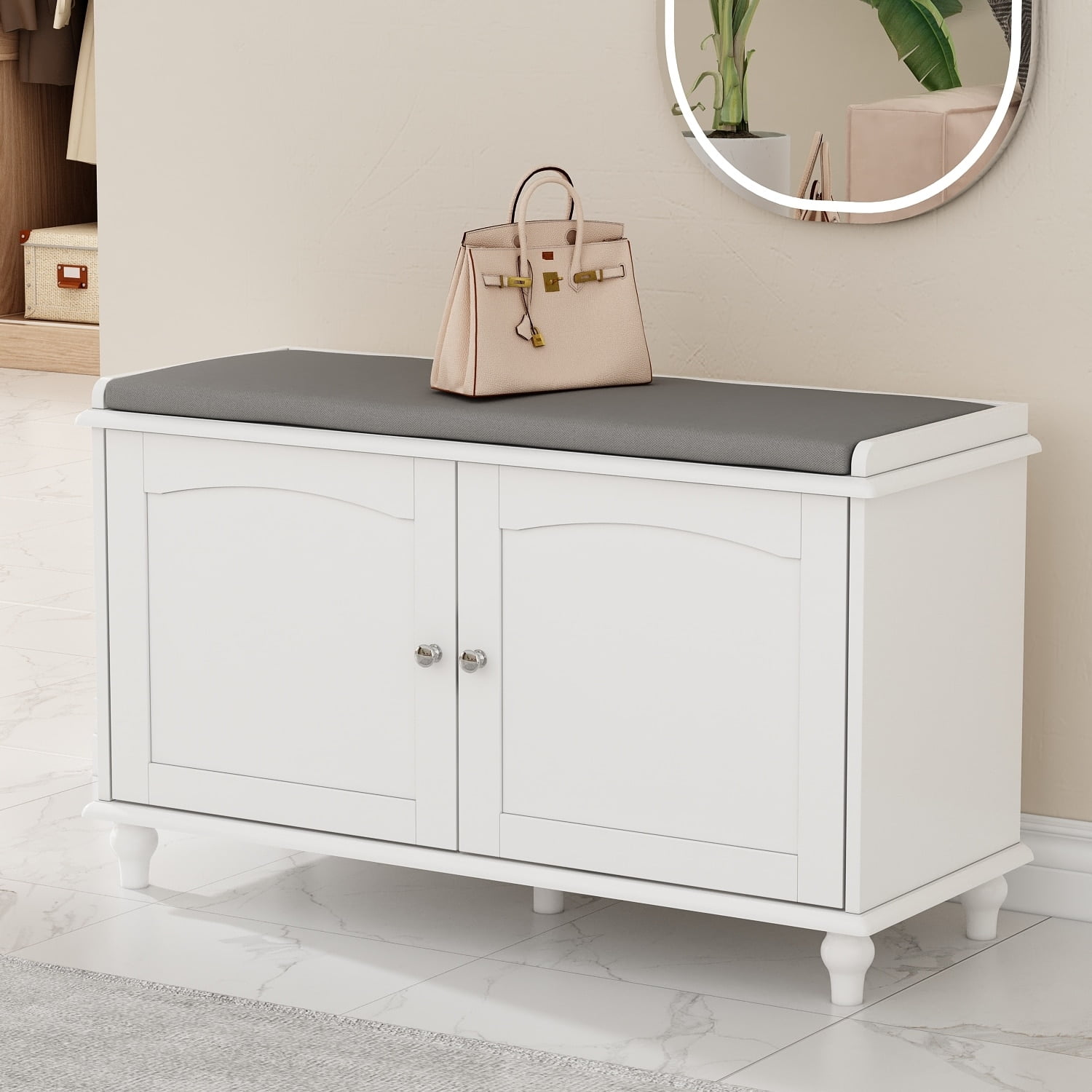 Timechee Shoe Storage Bench White Cushion Seat Adjustable Shelf Lacquer ...