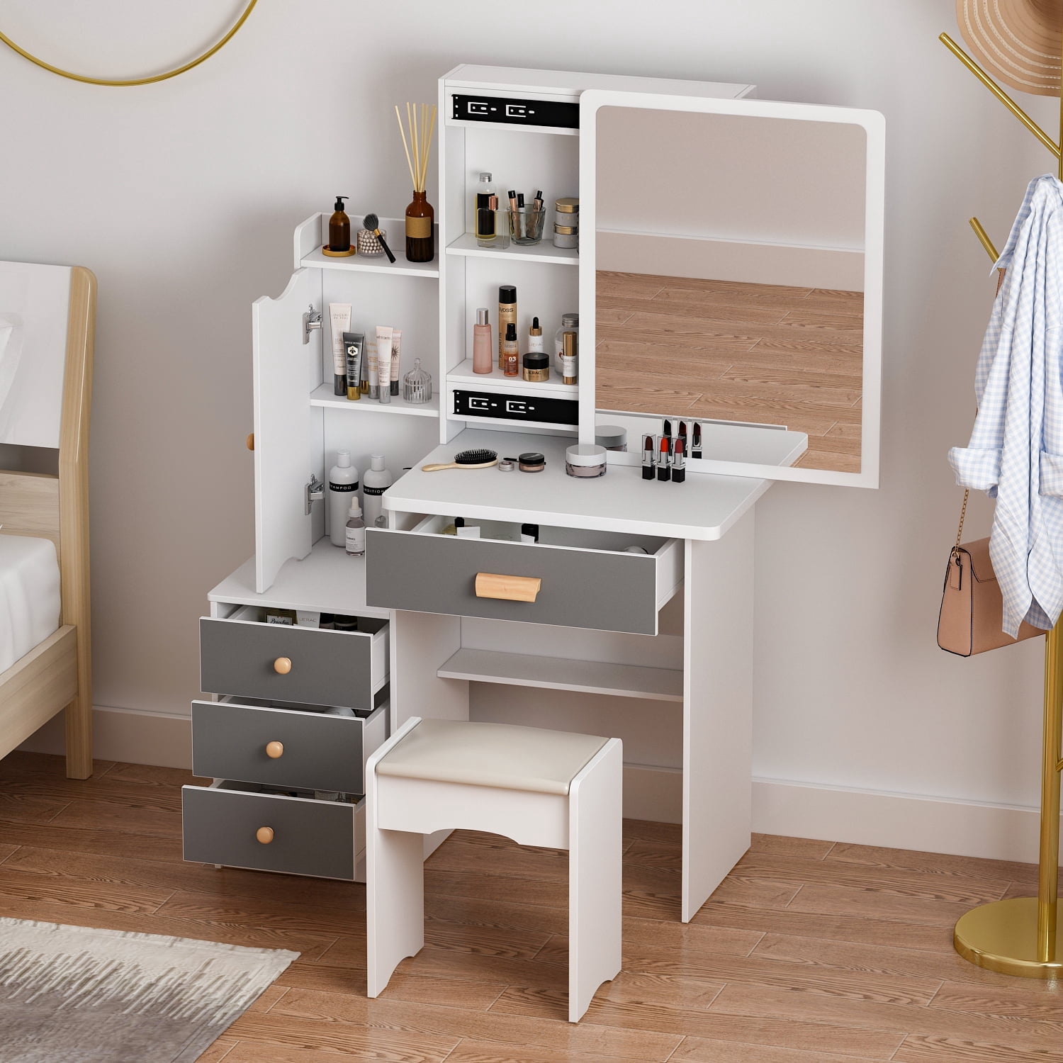 Timechee Wooden Vanity Desk Set with Sliding Mirror, Cushioned Stool ...