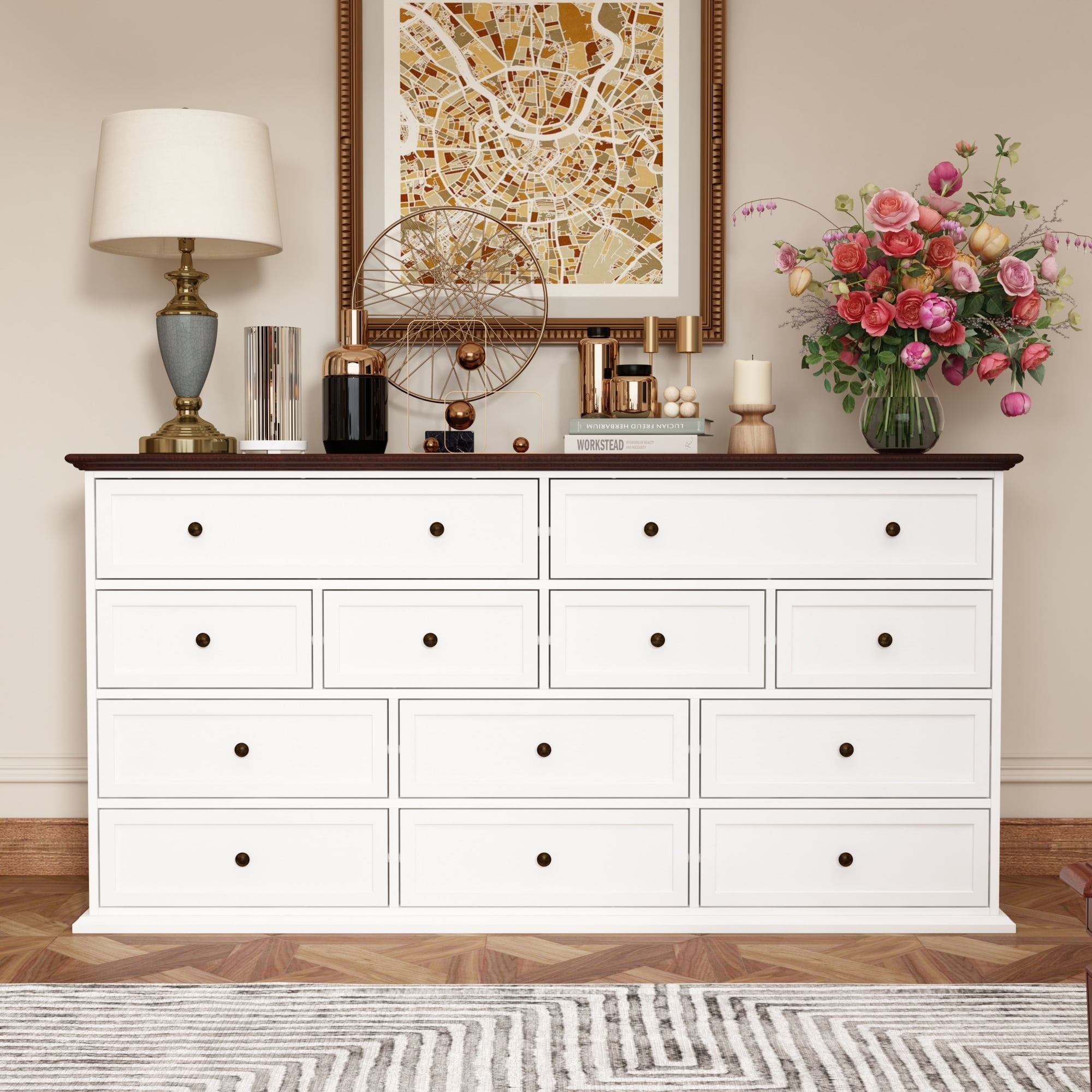 Timechee Versatile 12-Drawer Solid Wood Dresser - Brown & White Chest ...