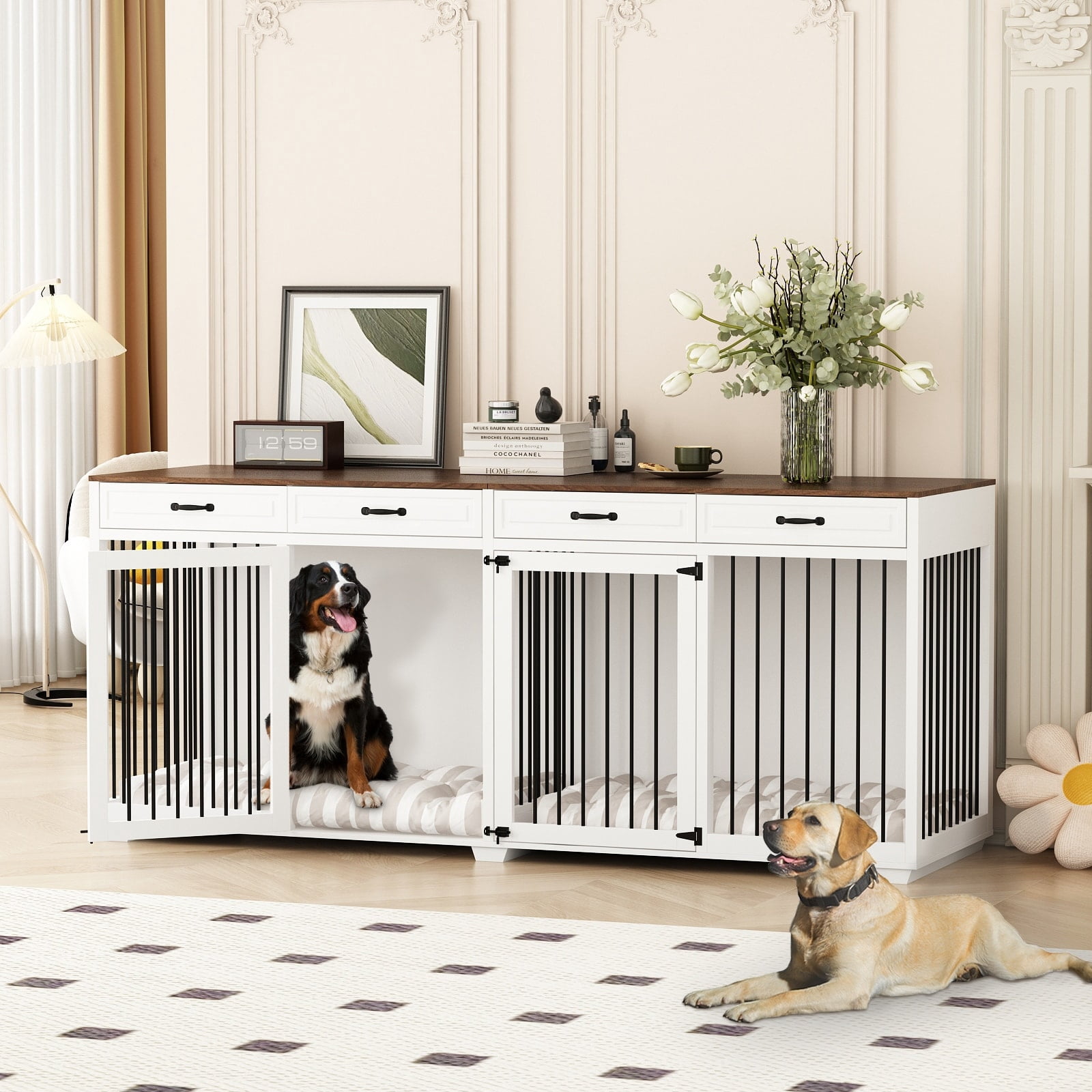 Timechee Wooden Dog Crate Kennel with 4 Drawers,Divides for 2 Large ...