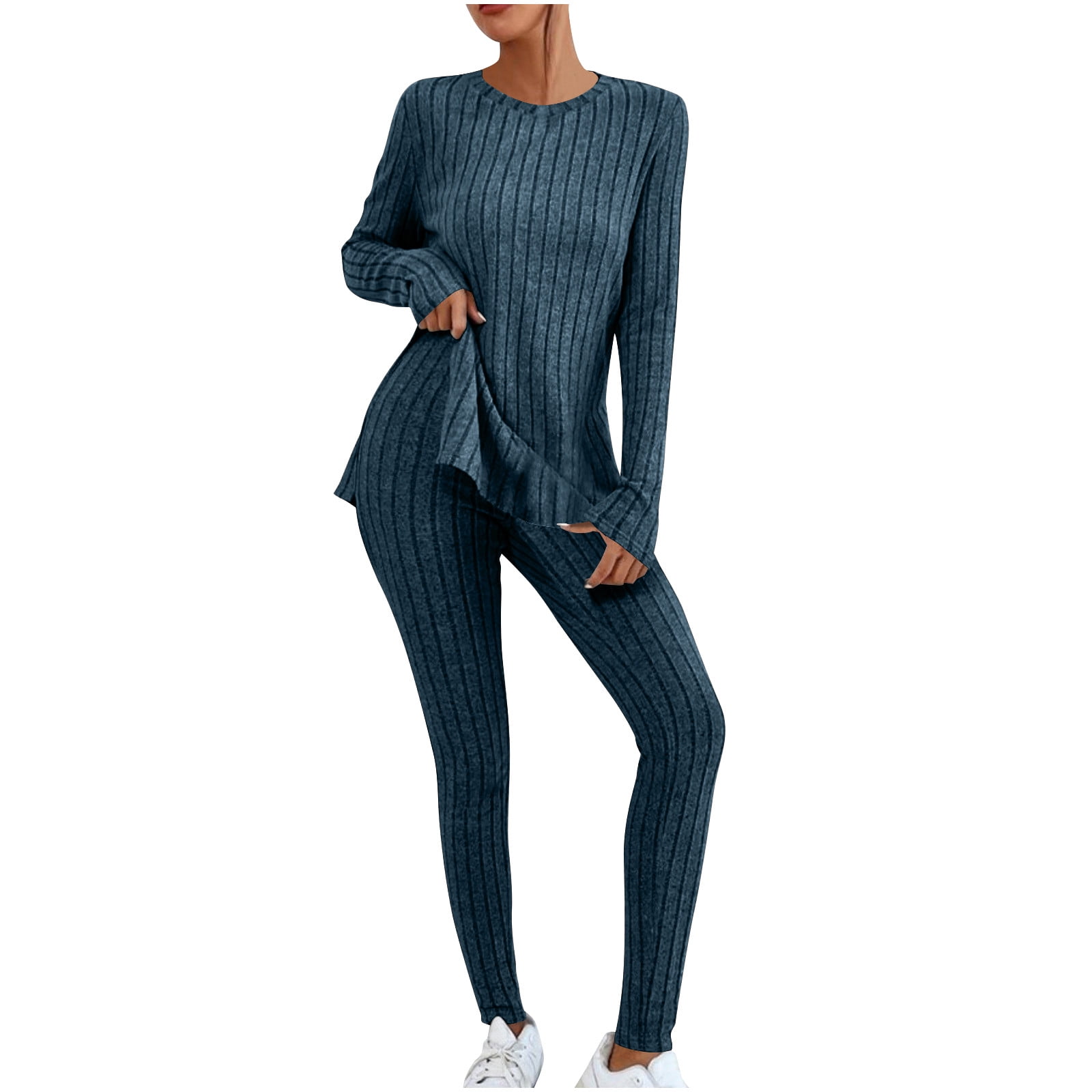 Timegard 2 Piece Sets for Women Crew Neck Long Sleeve Side Split Top ...