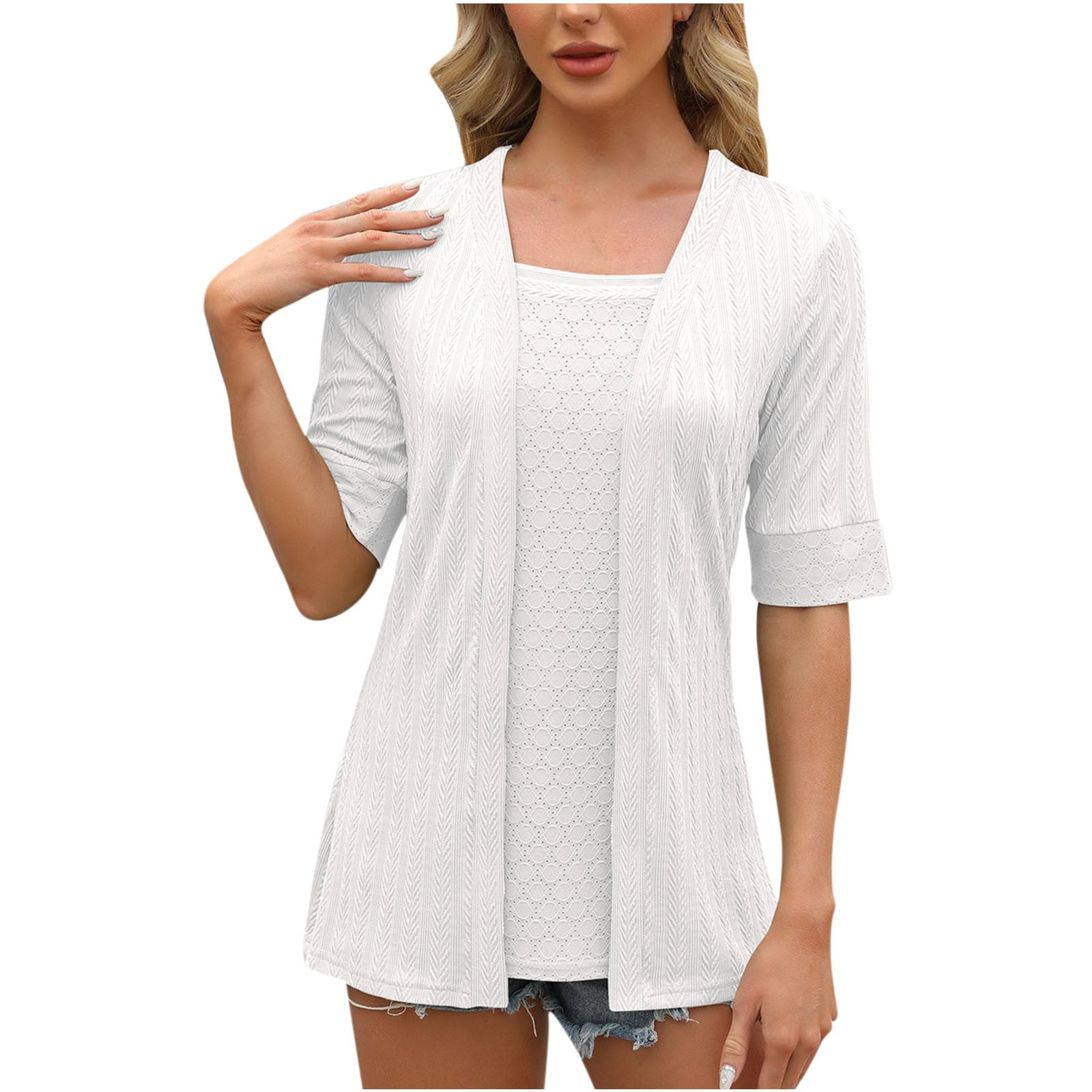 Timegard 2 in 1 Tops for Women Short Sleeve Eyelet Solid Color Blouse ...