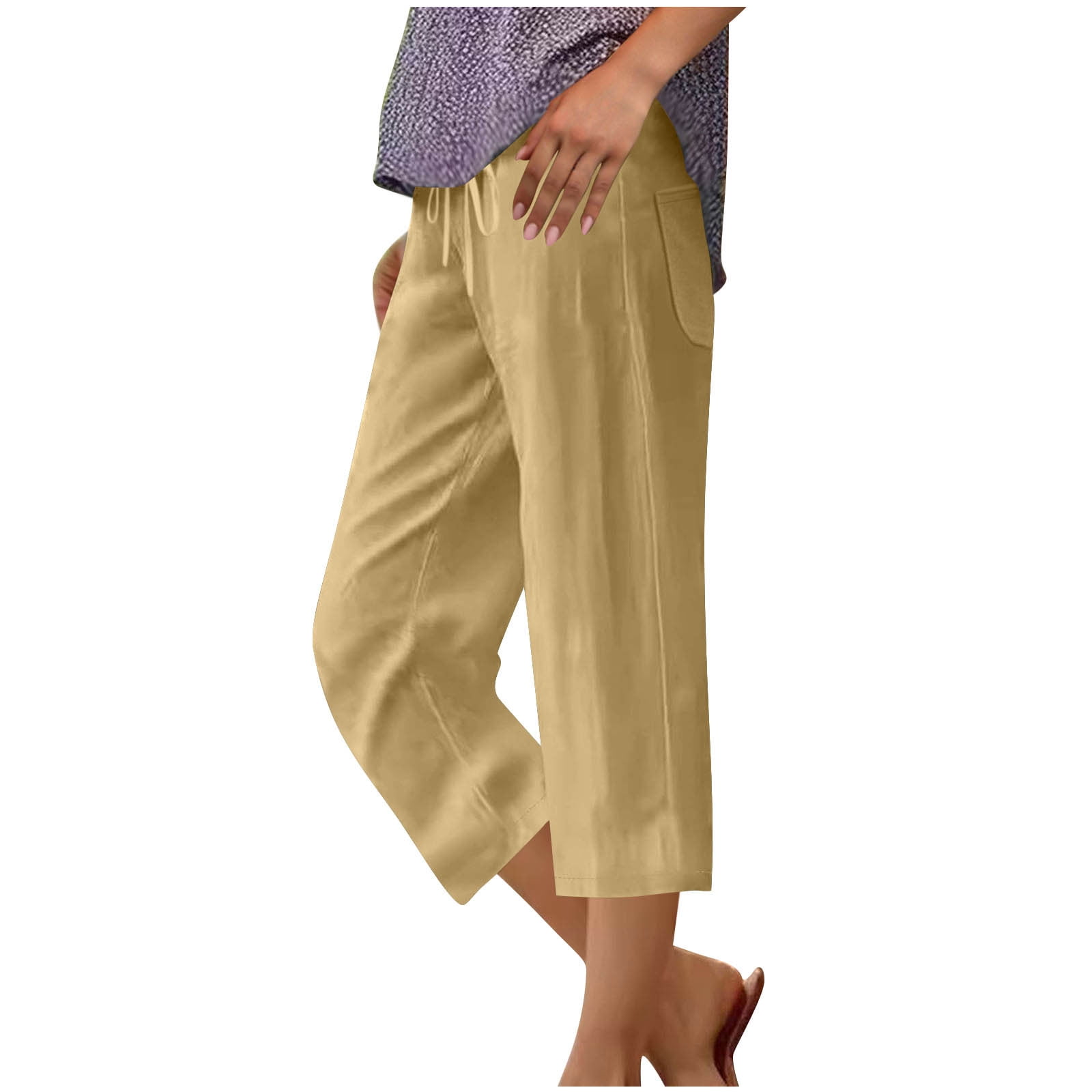 Timegard Capri Pants for Women Cotton Linen Elastic Waist Ruched Slacks ...