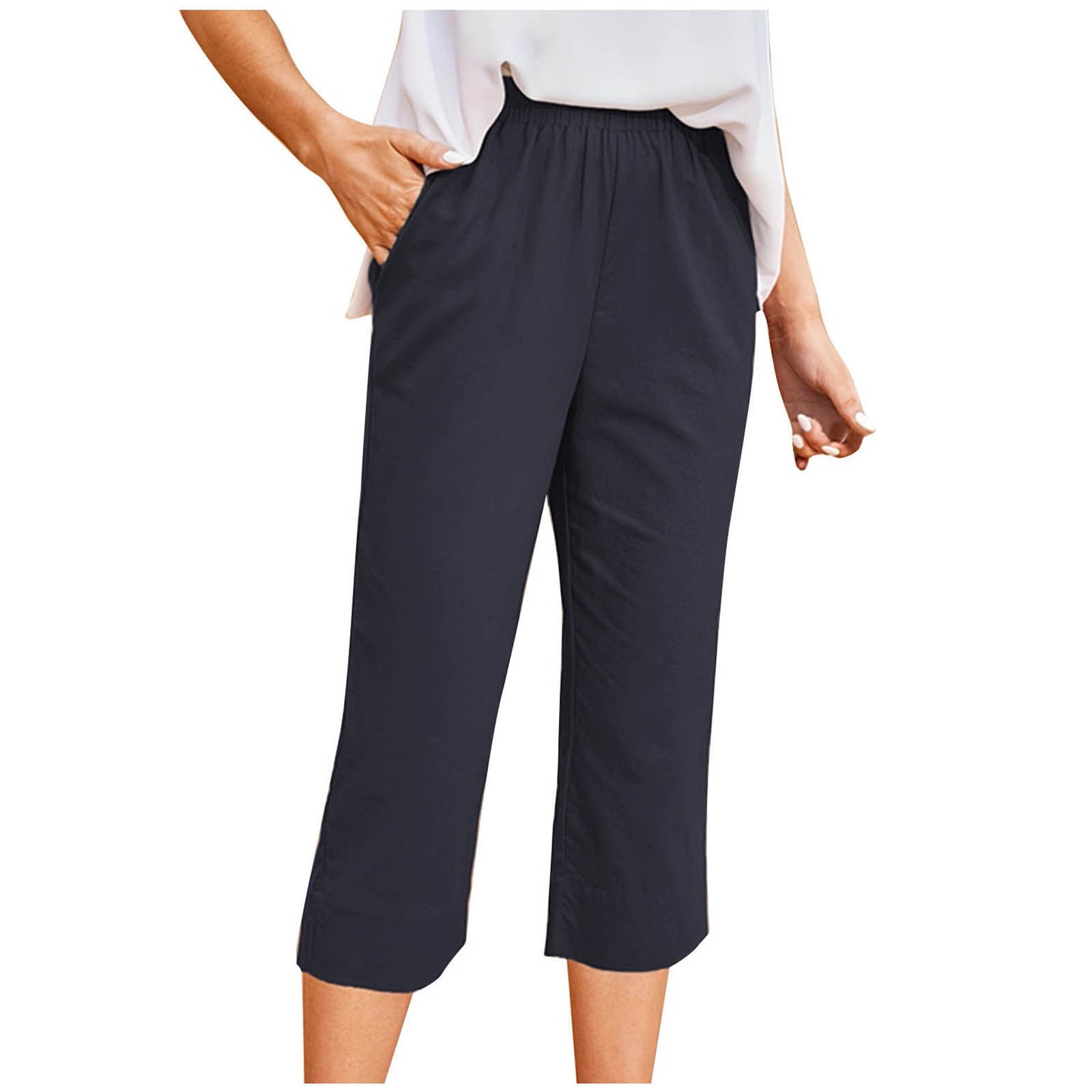 Timegard Capri Pants for Women Elastic High Waist Casual Loose Crop Pants with Pockets Solid ...