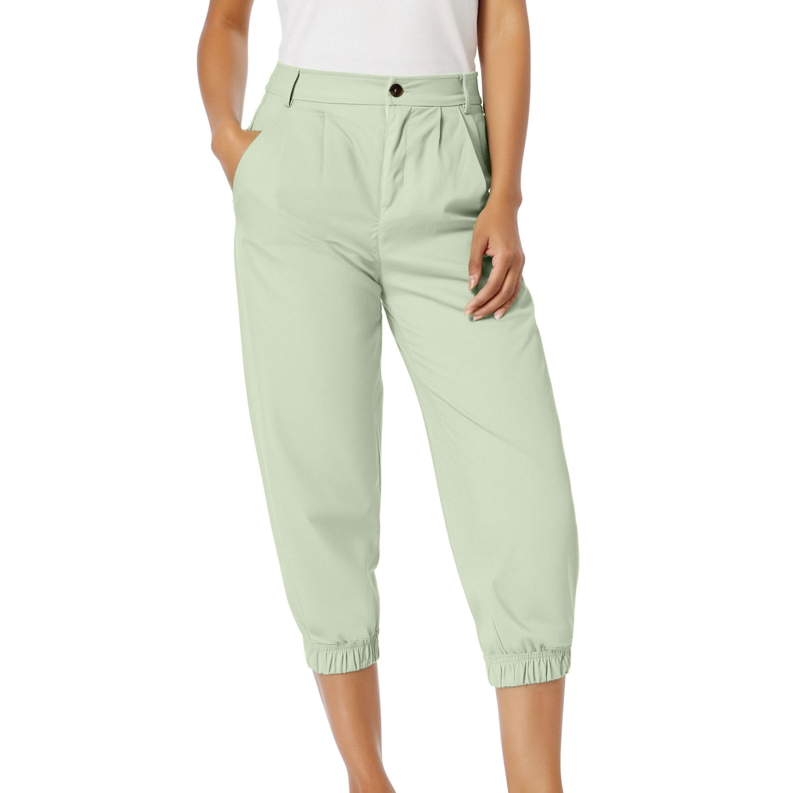 Timegard Capri Pants for Women Ruched High Waist Button Slim Fitting Casual Work Office Cropped ...