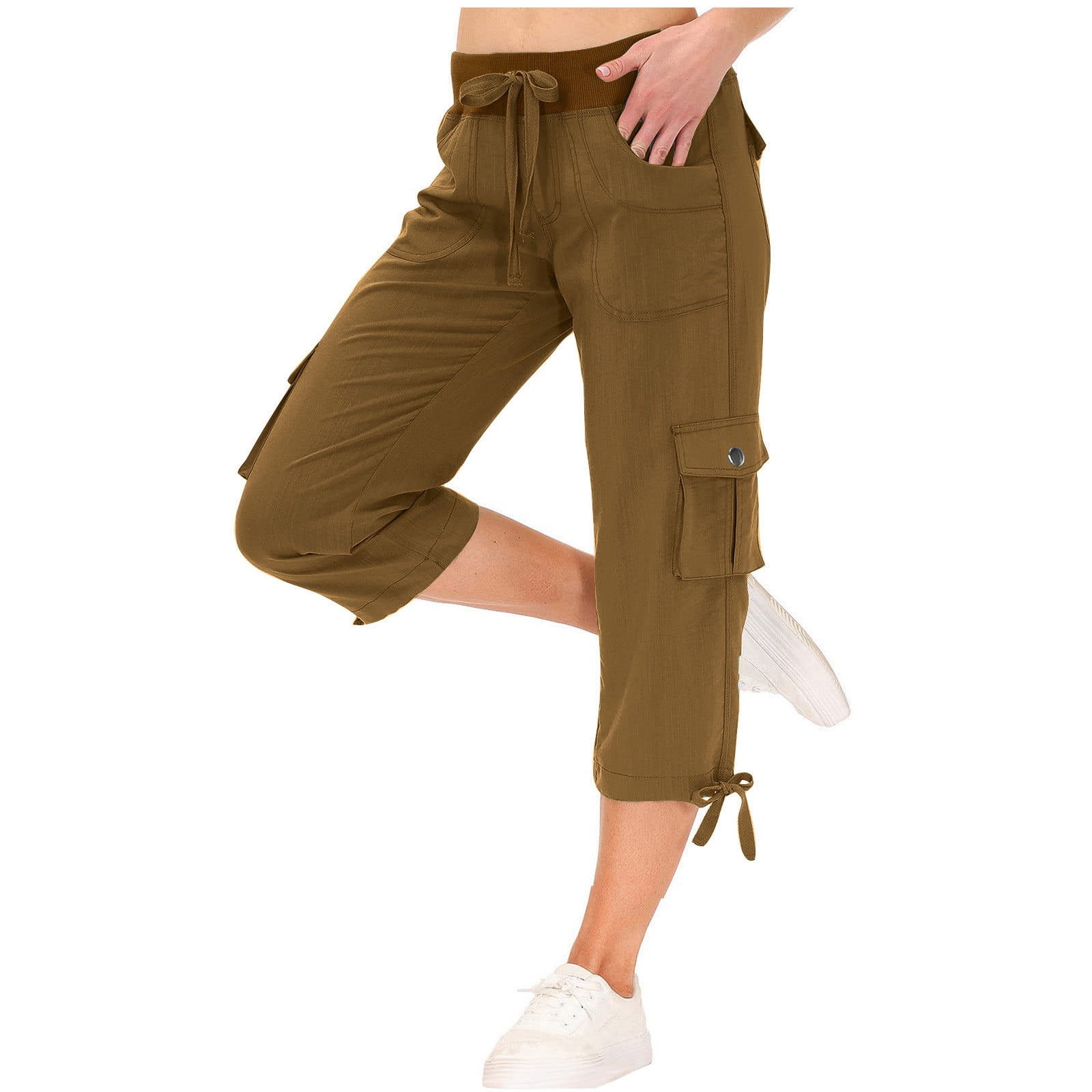 Timegard Cargo Capri Pants for Women High Waisted Drawstring Cinch ...