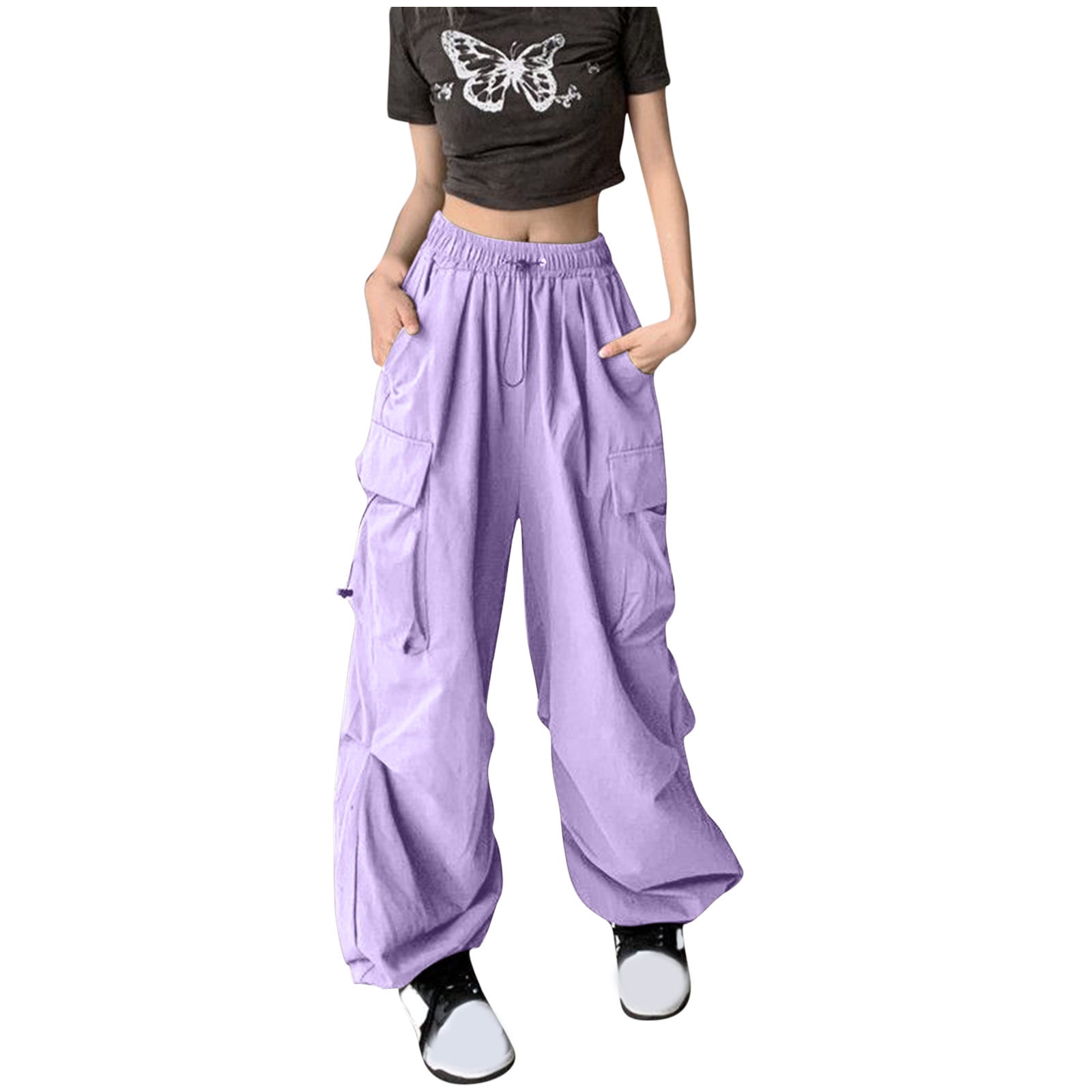 Timegard Cargo Pants for Women Elastic High Waist Baggy Streetwear Fall ...