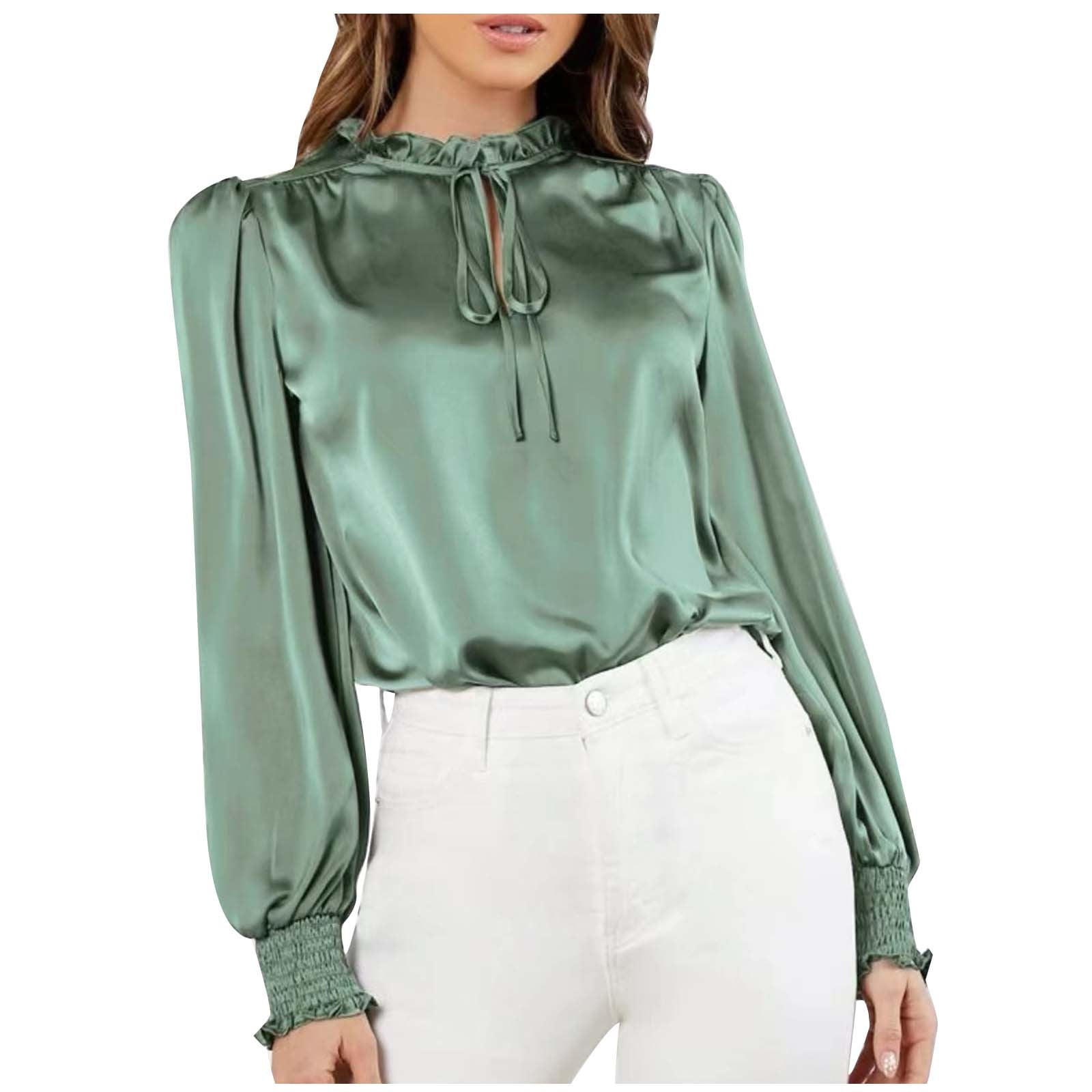 Timegard Formal Tops for Women Satin Ruffle Long Sleeve Keyhole Neck ...