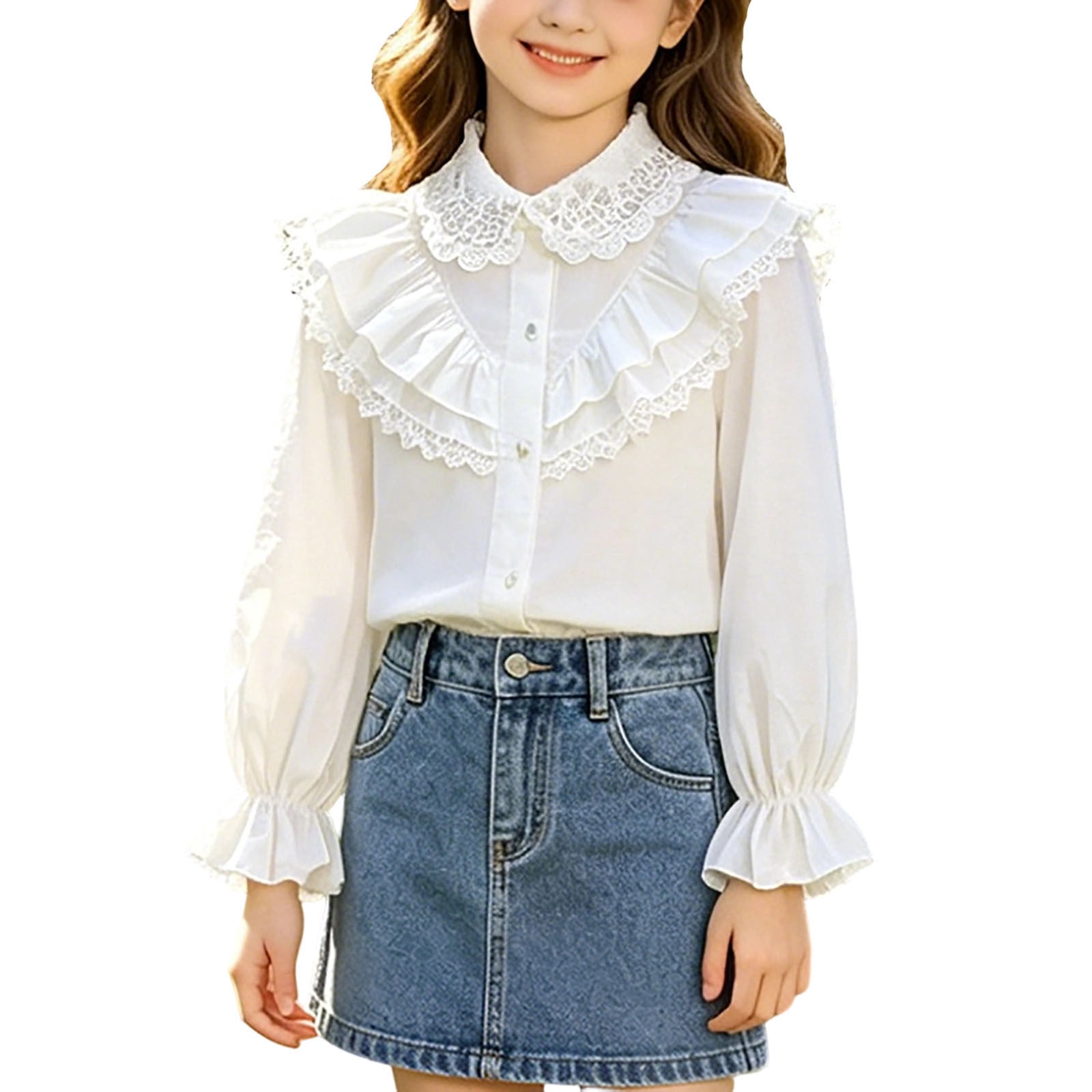 Timegard Girls Long Sleeve Shirts Lace Cute Tops Button down Shirts ...