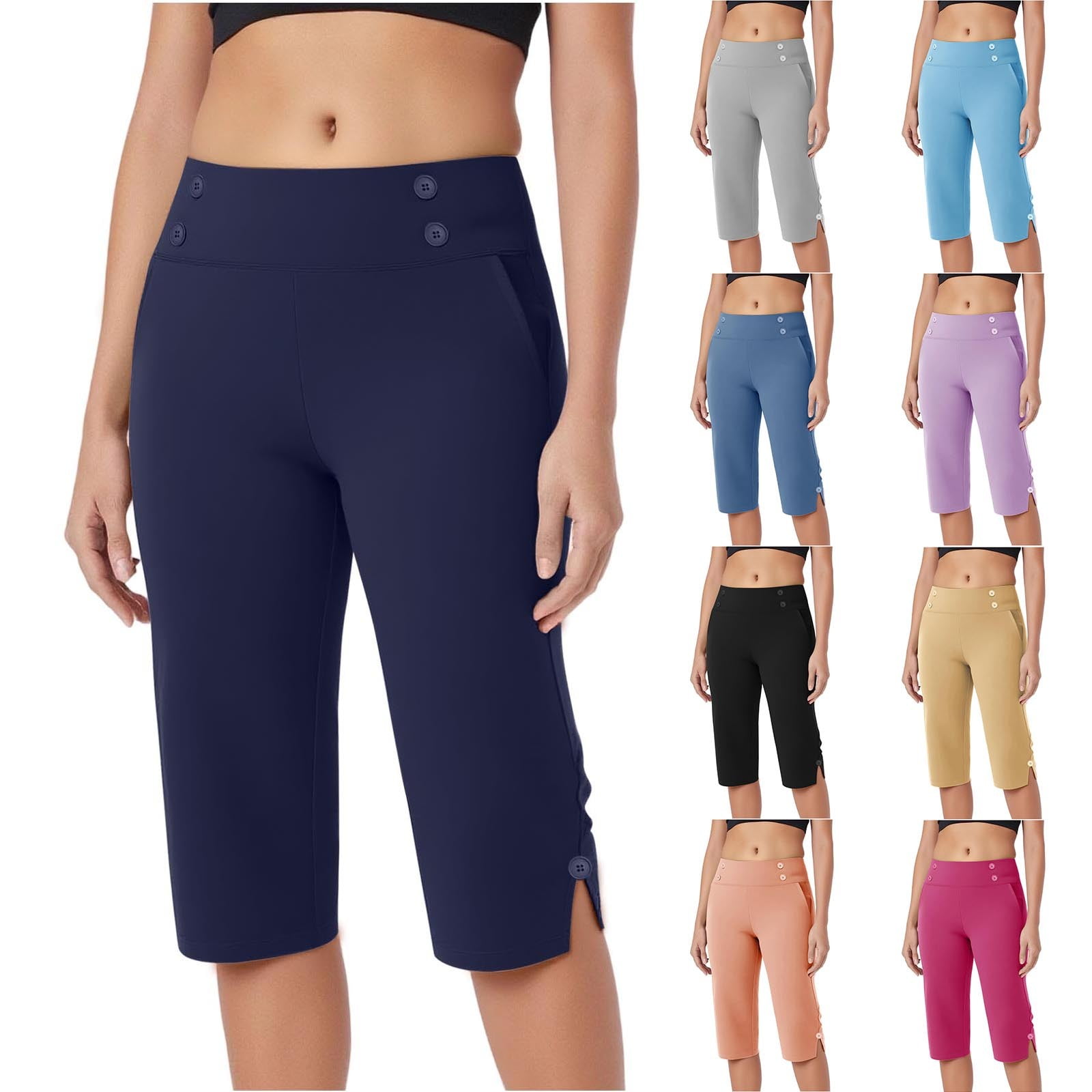 Timegard Womens Capri Pants Stretch High Waist Button Work Casual Pants for Summer with Pockets ...