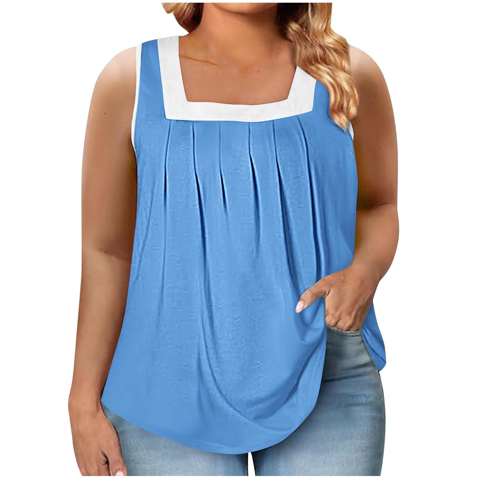 Timegard Plus Size Tank Tops for Women Pleated Square Neck Sleeveless ...