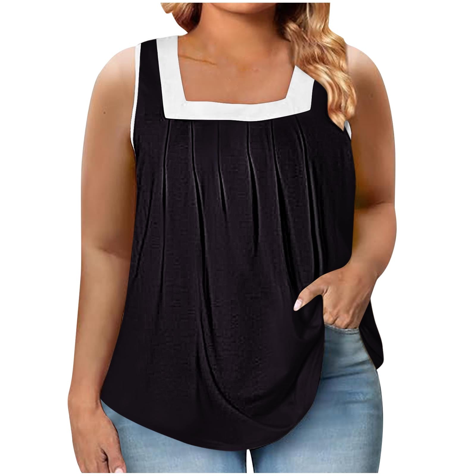 Timegard Plus Size Tank Tops for Women Pleated Square Neck Sleeveless ...