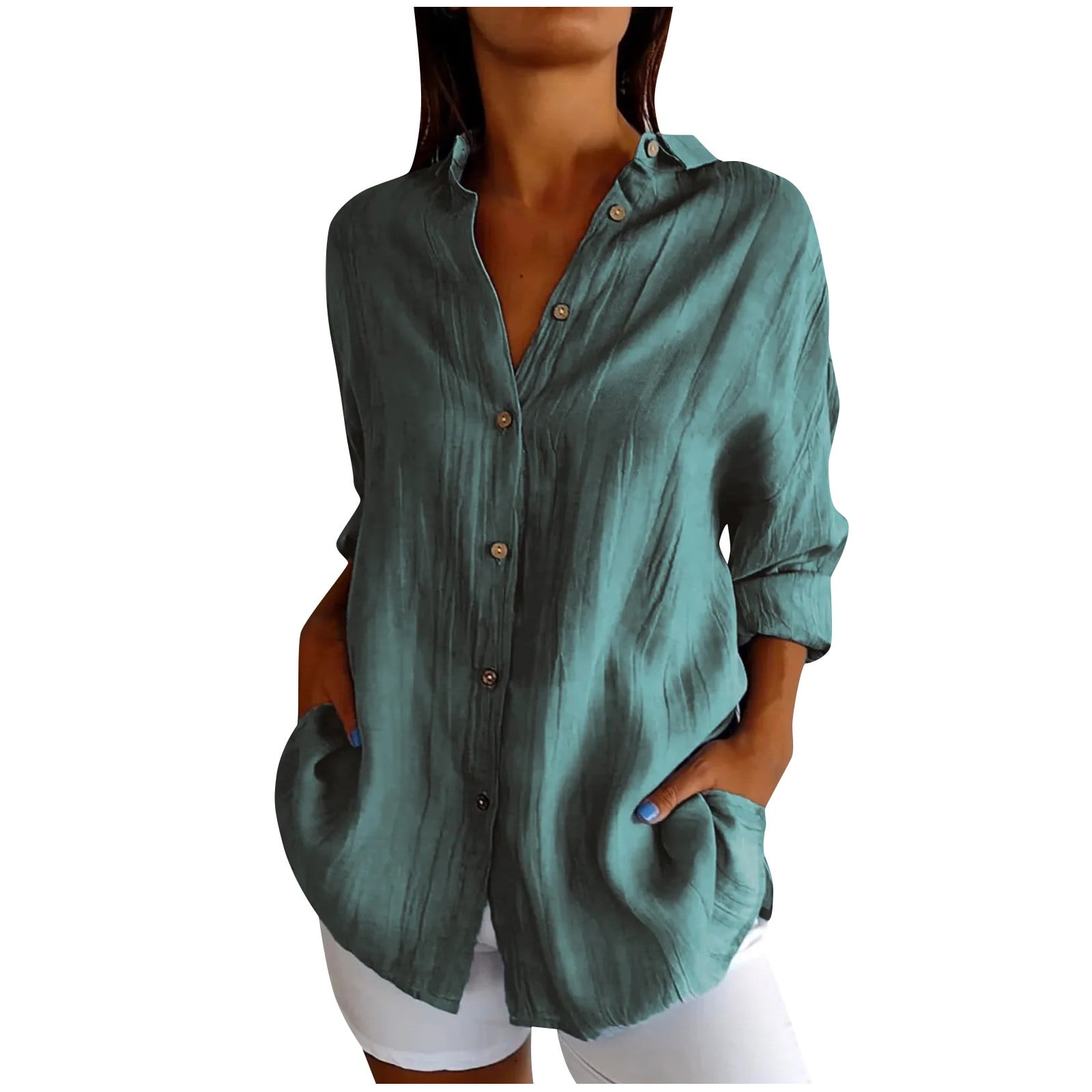 Timegard Plus Size Tops for Women Button down Shirts Long Sleeve Lapel ...