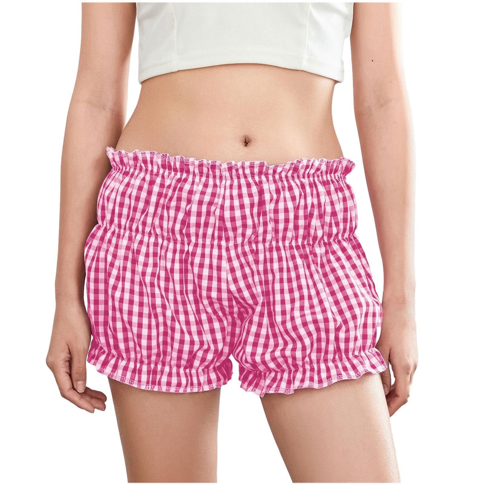 Timegard Shorts for Women Plaid Ruffle Elastic Waist Casual Comfy ...