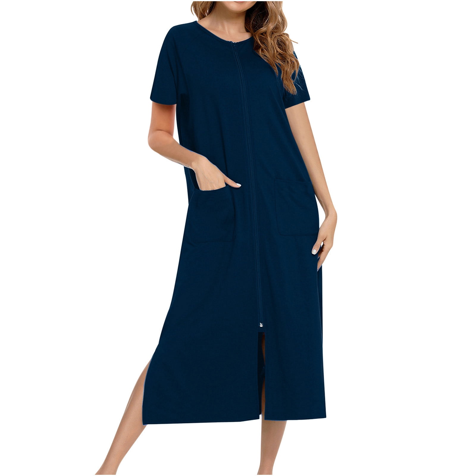 Timegard Sleepwear for Women Zipper Long Dress Short Sleeve Loose Comfy ...