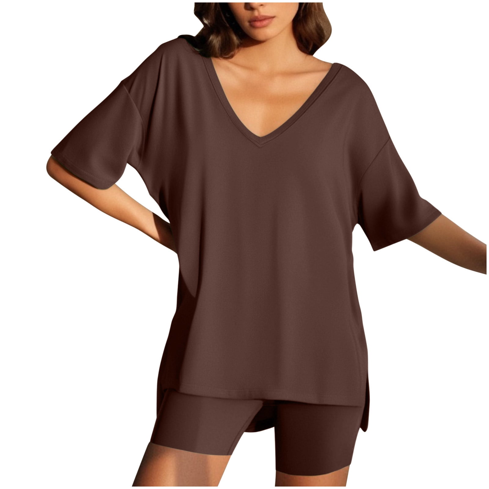 Timegard Summer Outfits for Women 2 Piece V Neck Drop Shoulder Tee Slim ...