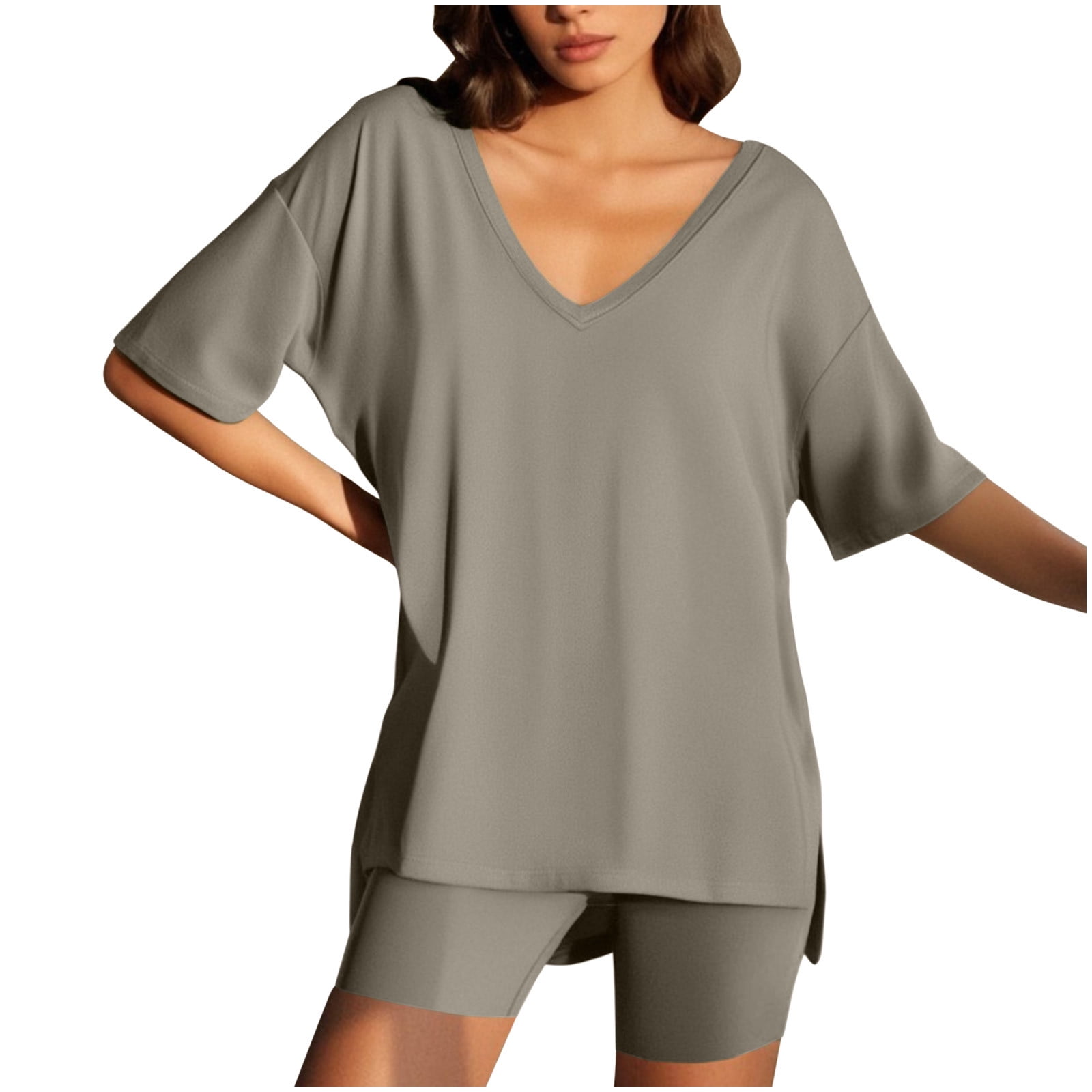 Timegard Summer Outfits for Women 2 Piece V Neck Drop Shoulder Tee Slim ...