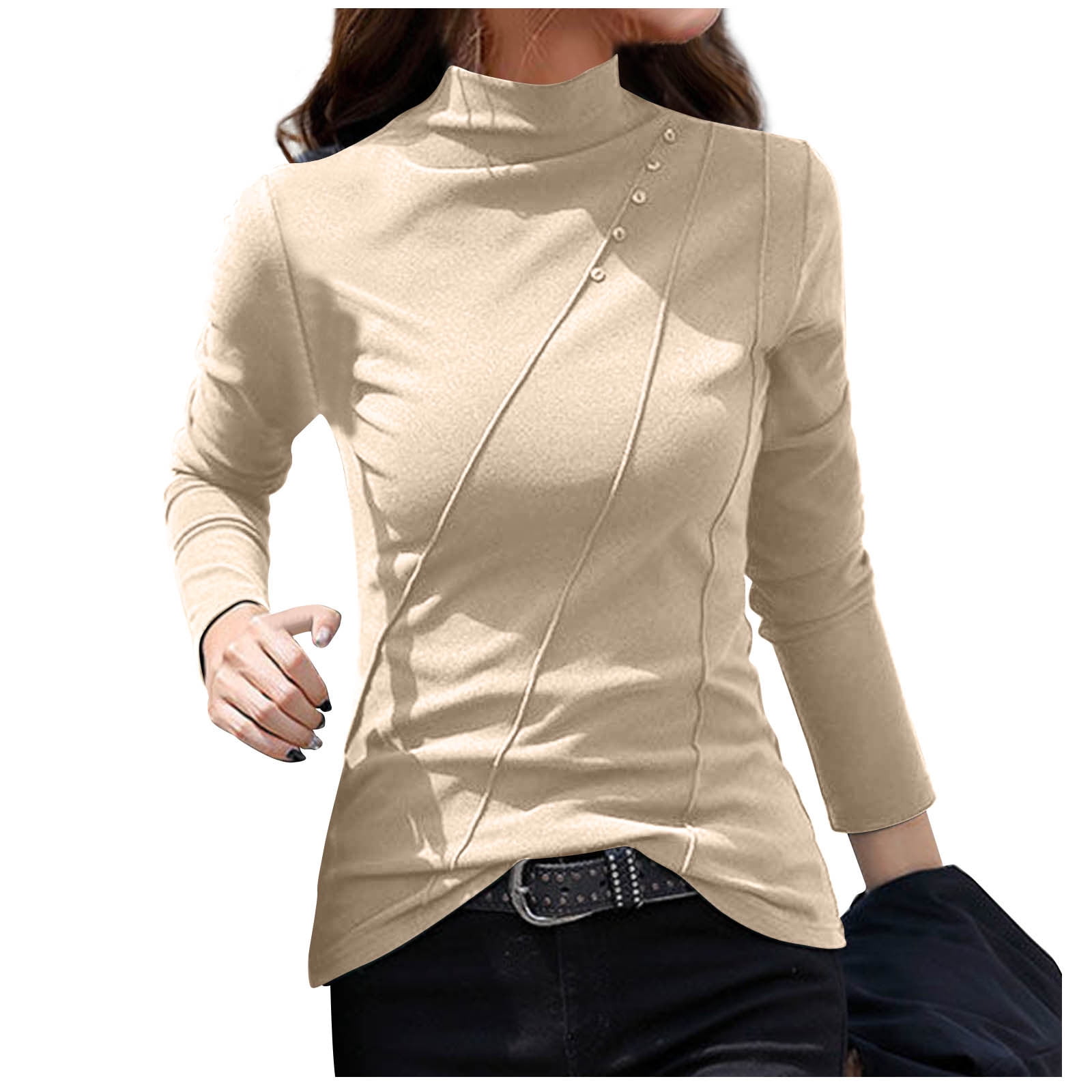 Timegard Tops for Women High Neck Long Sleeve Slim Solid Color ...